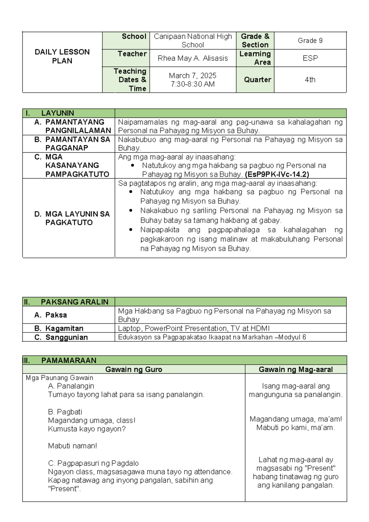 Daily Lesson Plan for Grade 9 ESP - 4th Quarter - Studocu