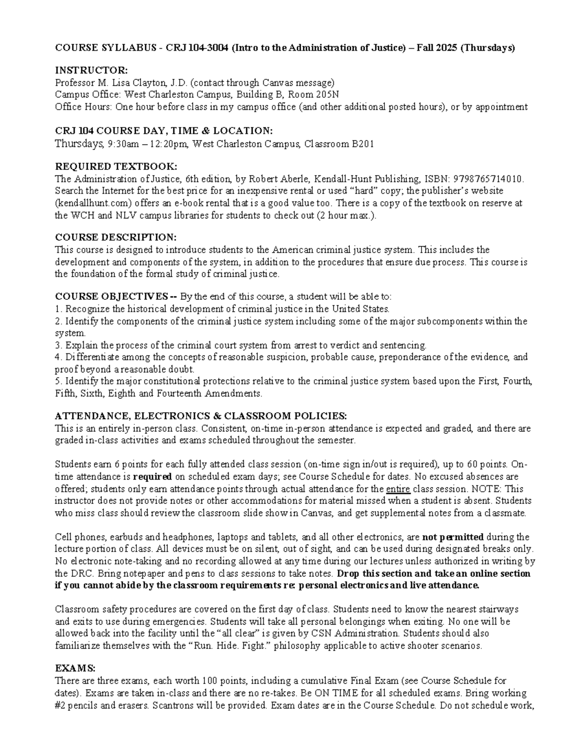 CRJ 104 Course Syllabus: Intro to Administration of Justice Fall 2025 ...