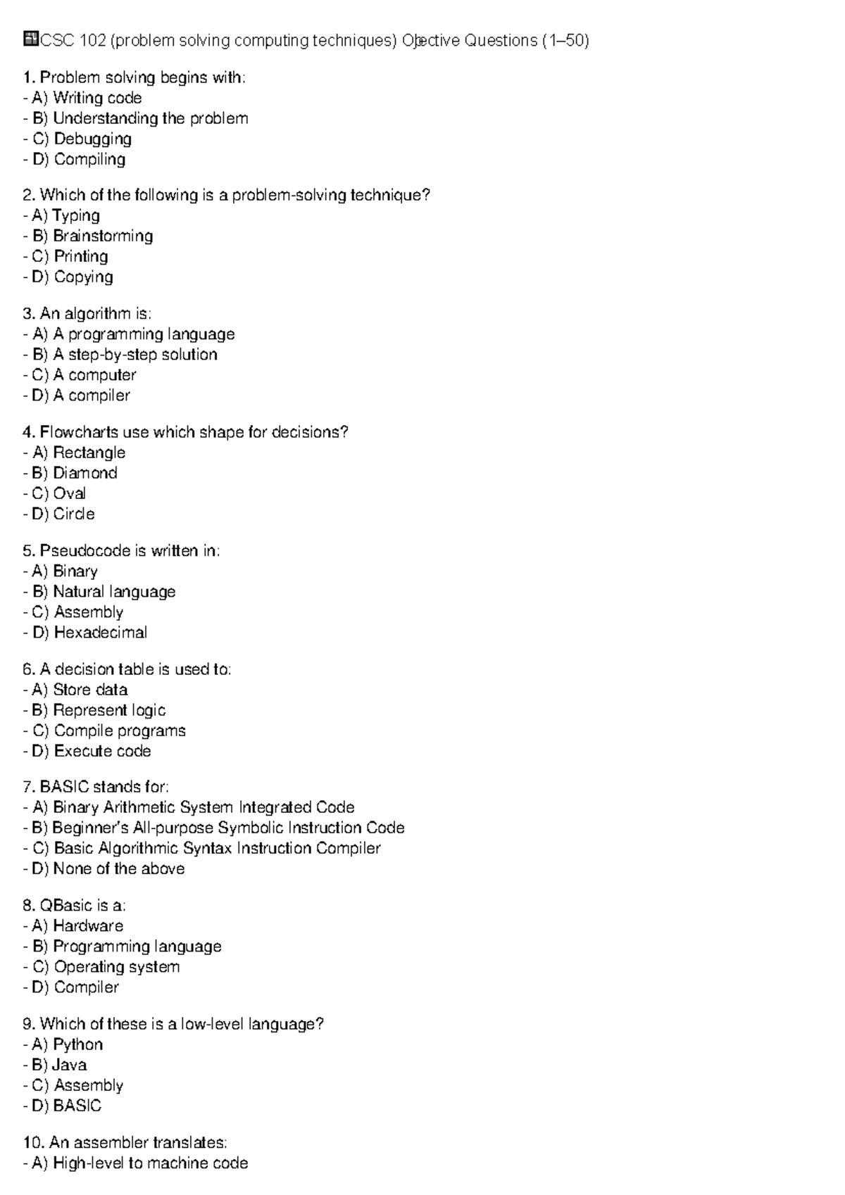 CSC 102 Past Exam Questions and Answers - Studocu