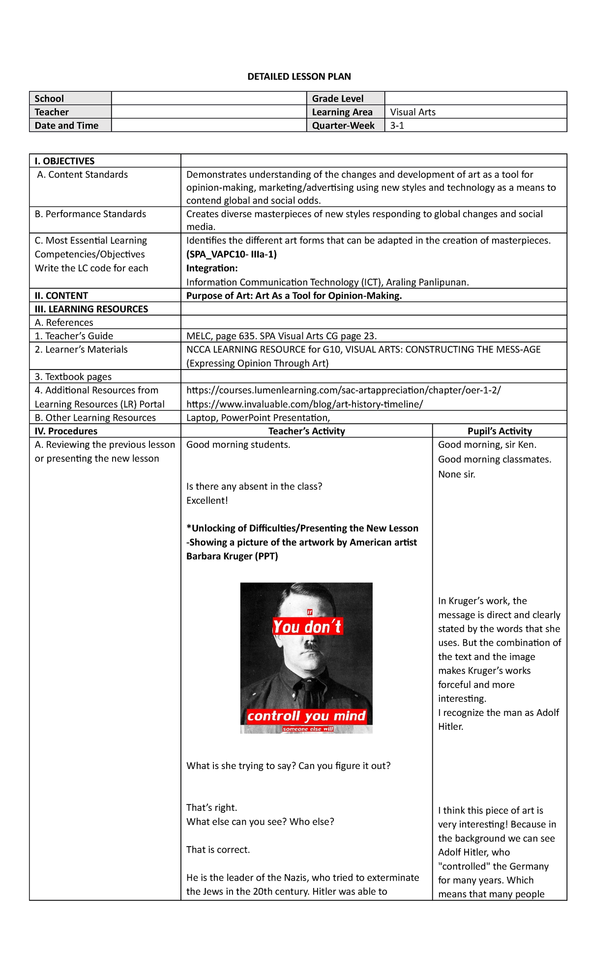 G10 Q3 SPA Visual Arts Detailed Lesson Plan on Opinion-Making - Studocu