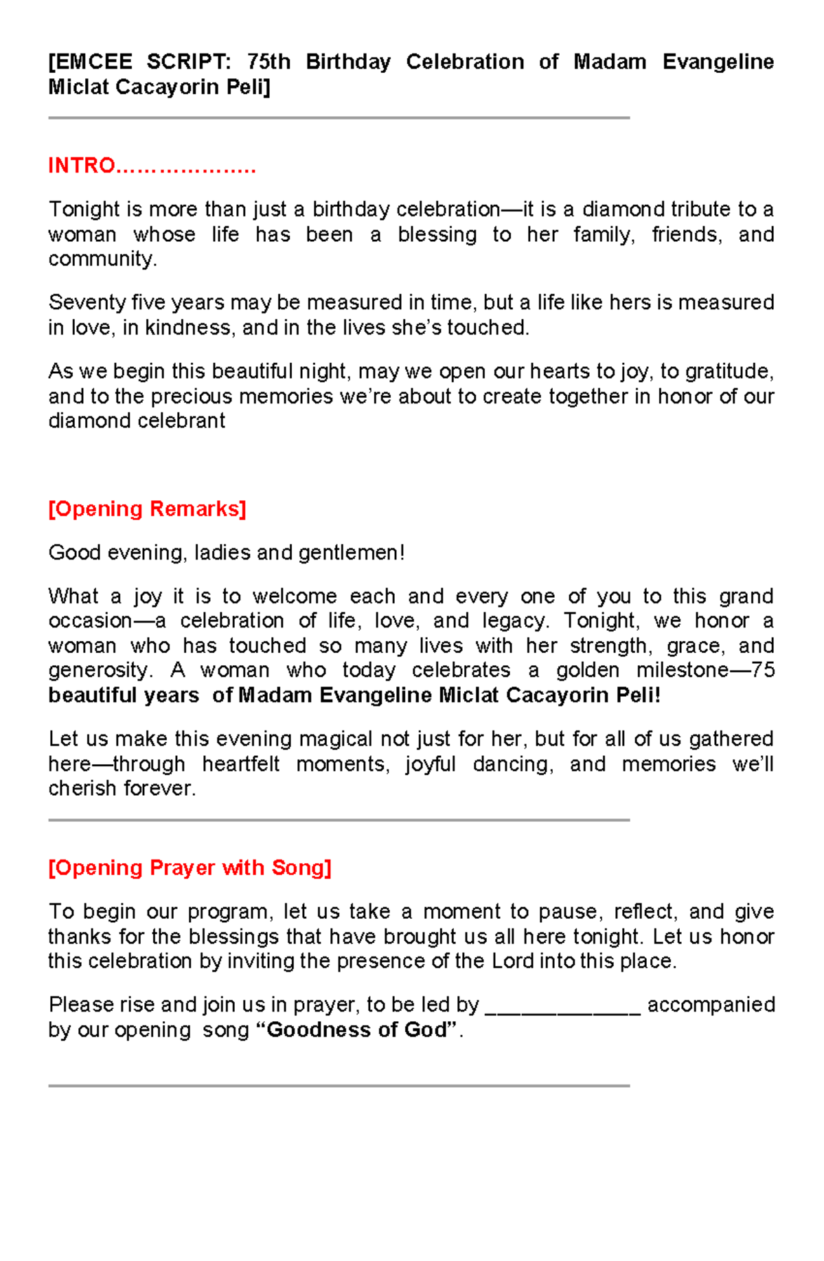 75th Birthday Celebration Script for Madam Evangeline Miclat Cacayorin ...