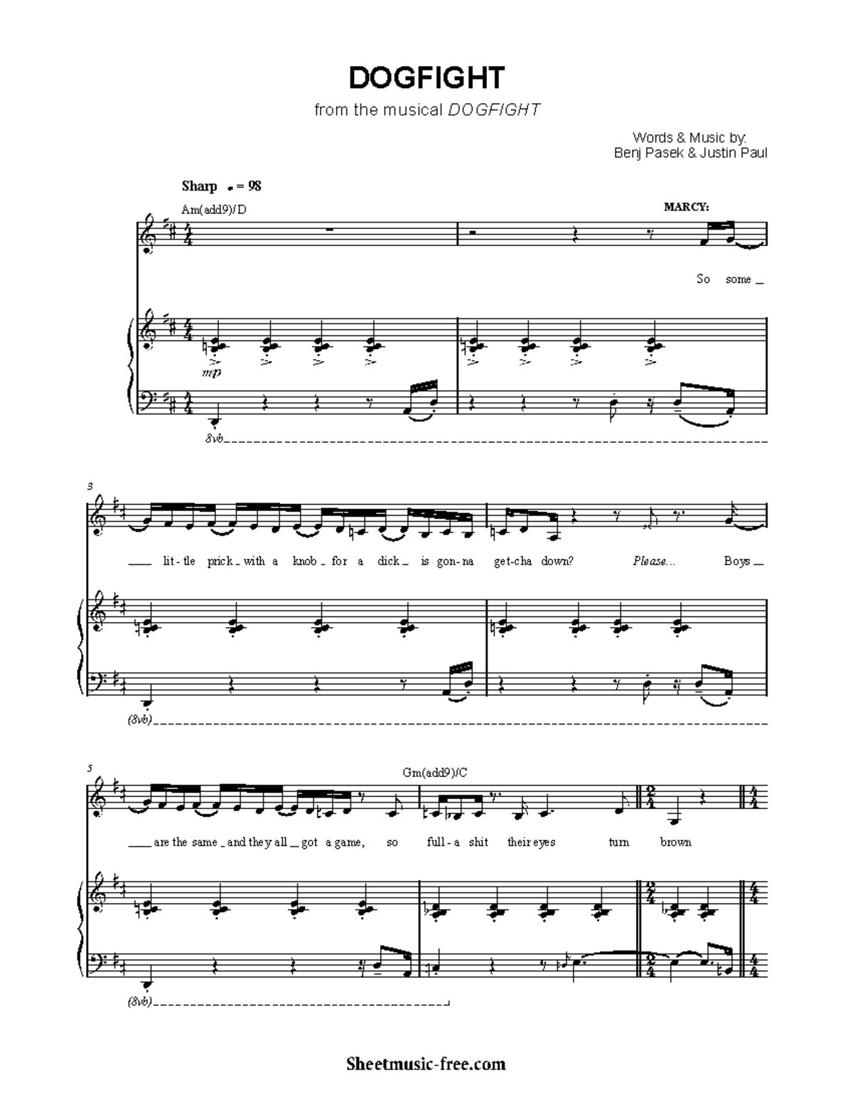 Dogfight Musical Sheet Music: Marcy and Rose Lyrics & Chords - Studocu