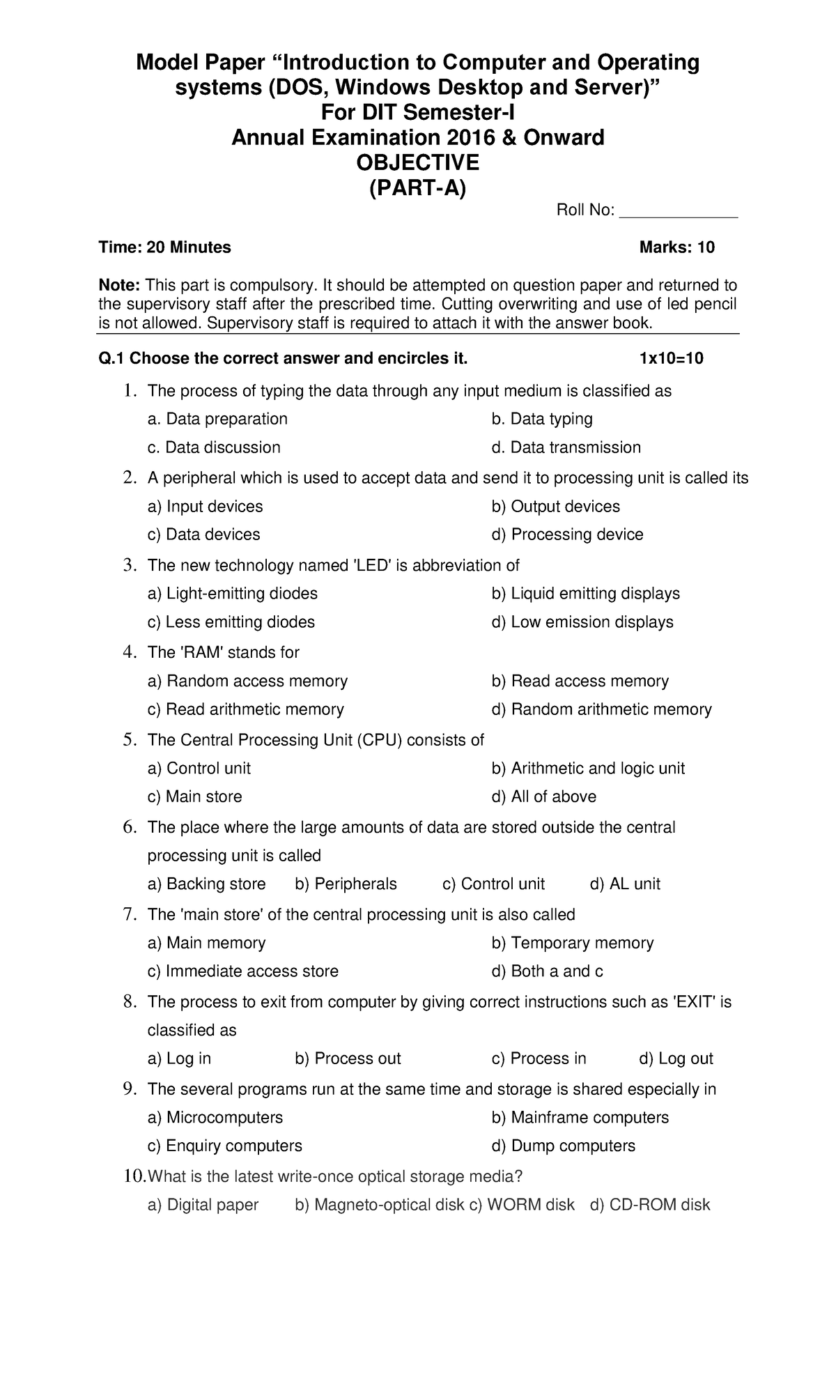 Model Paper for DIT Semester-I: Computer & Operating Systems Exam - Studocu