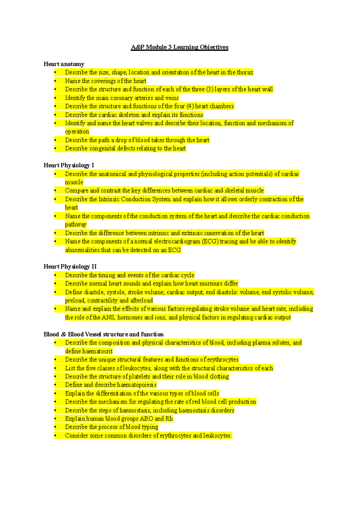 Human Anatomy Learning Objectives EOT: Heart, Blood, and CNS - Studocu
