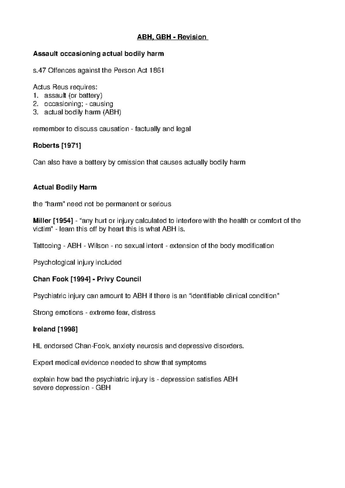ABH & GBH - Lecture Notes Revision for Law Course (OAPA 1861) - Studocu