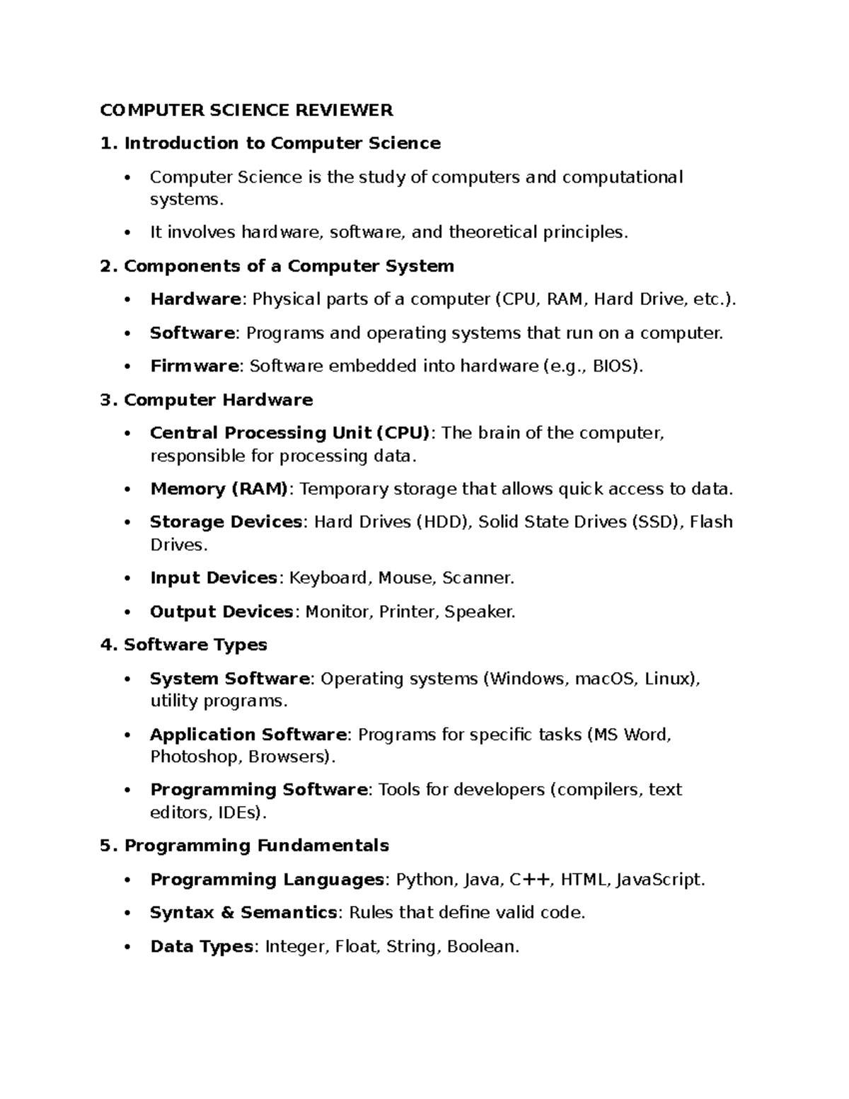 CS101 Final Exam Reviewer: Key Concepts in Computer Science - Studocu