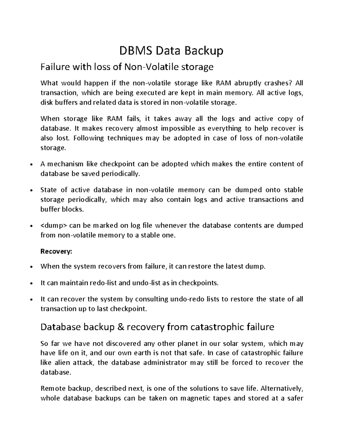 DBMS Data Backup & Recovery Techniques for Catastrophic Failures - Studocu