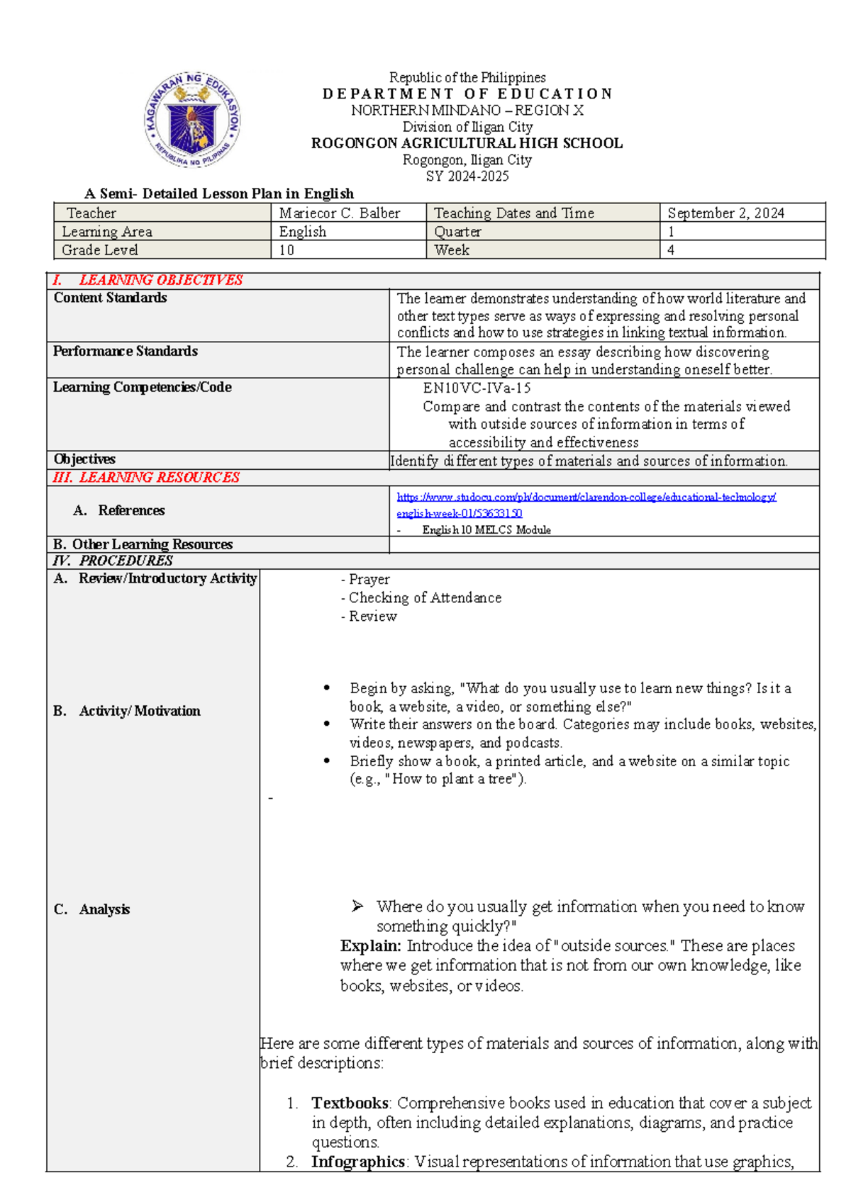 Detailed Lesson Plan in English 10: Understanding Information Sources ...