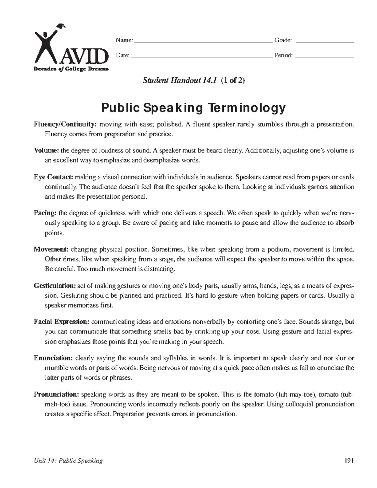 Public Spkg Terminology - Unit 14: Public Speaking 191 Student Handout ...