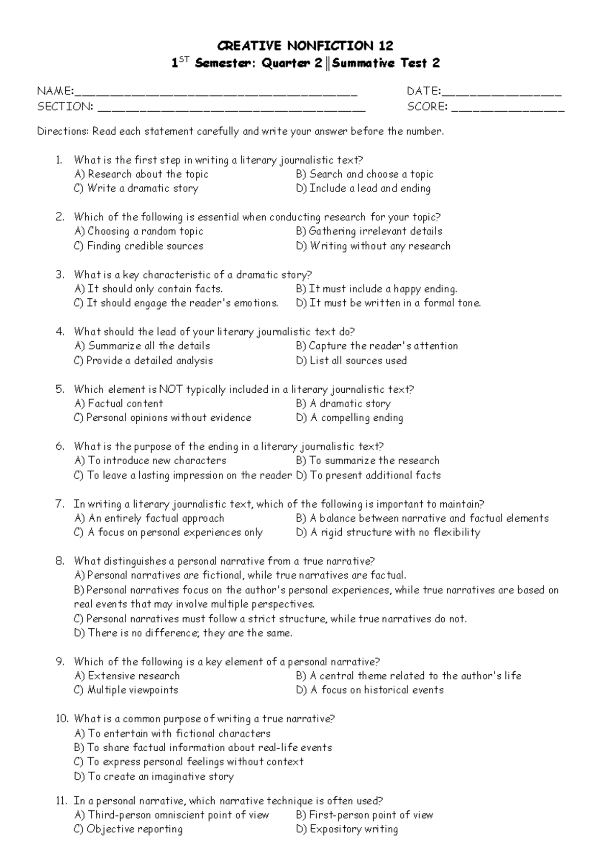 WEEK 1 - WEEKLY LESSON LOG FOR GRADE 12 CREATIVE NONFICTION - Studocu
