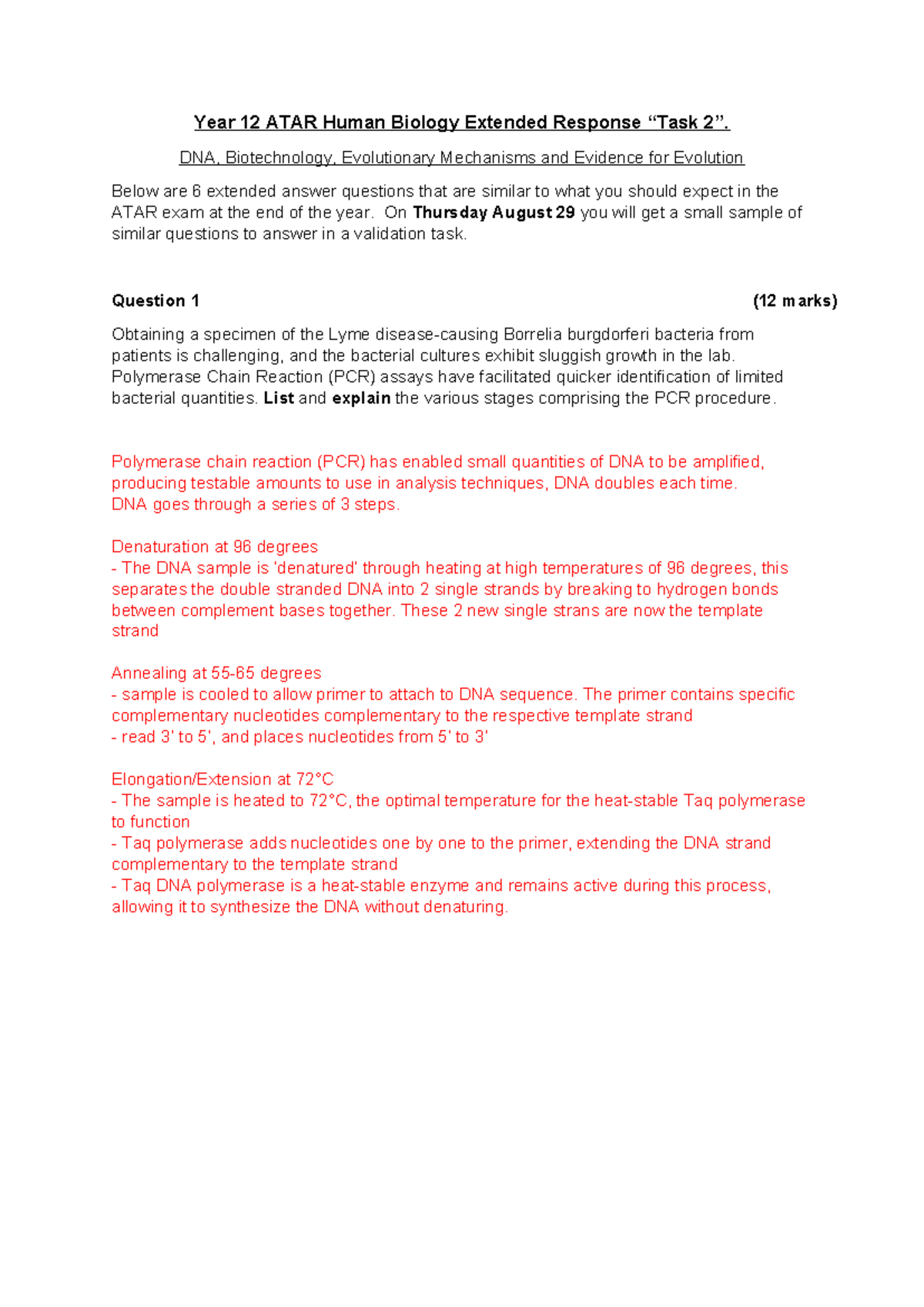 Year 12 ATAR Human Biology Extended Response: DNA, Evolution ...
