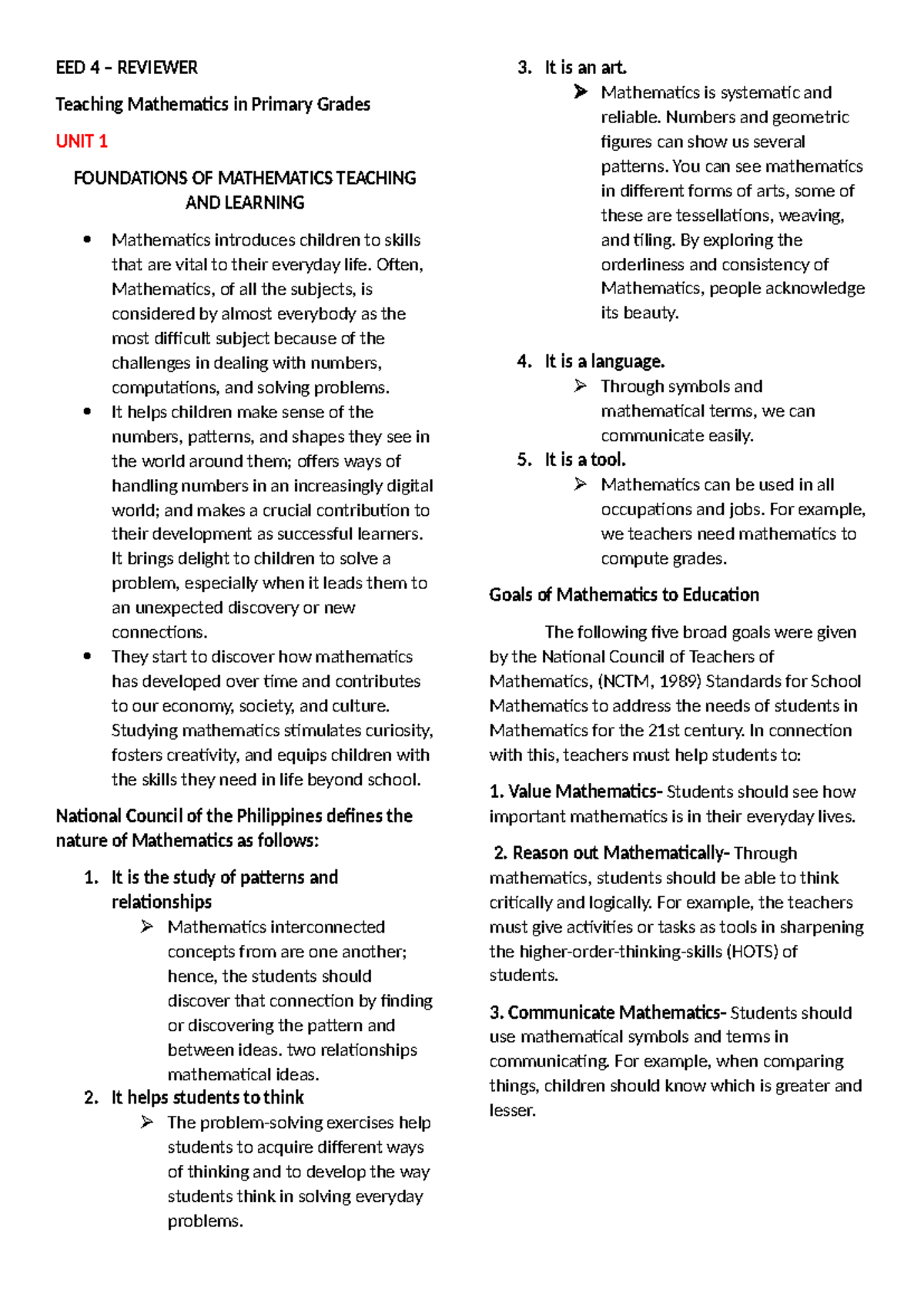 EED4 - Reviewer: Foundations of Mathematics Teaching in Primary Grades - Studocu