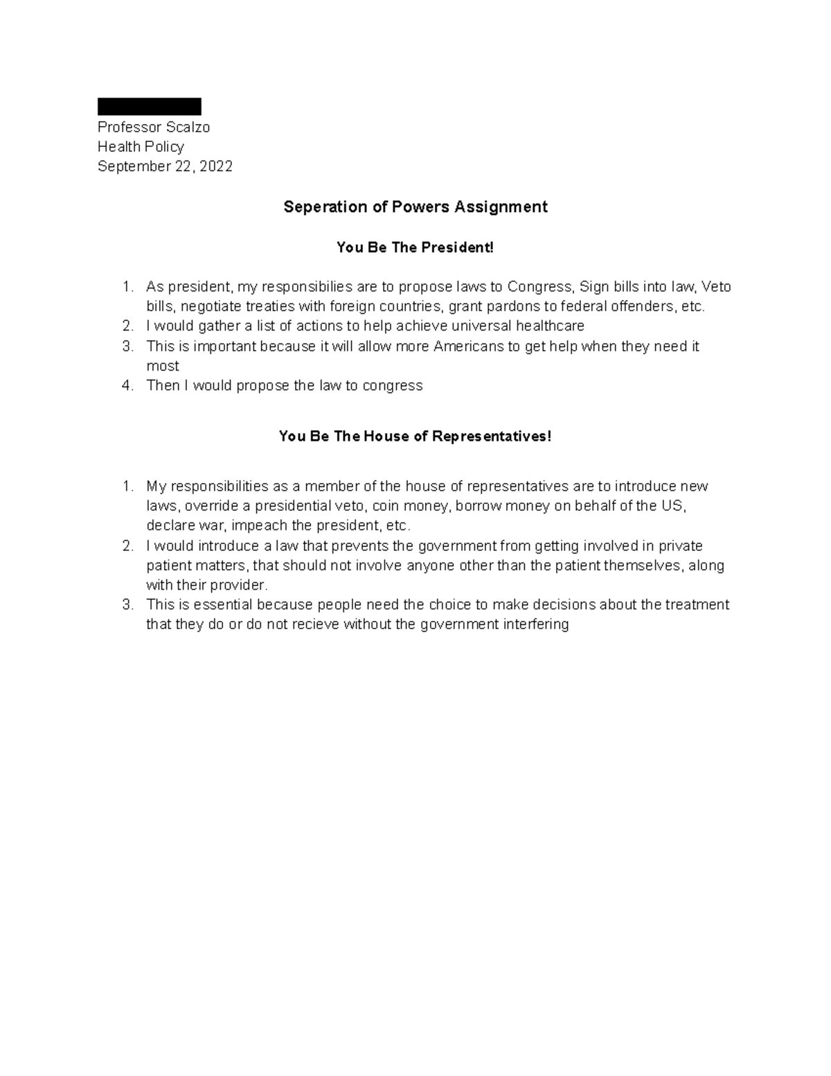 Health Policy Assignment #2: Separation of Powers Insights - Studocu
