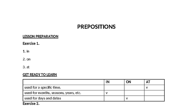 PREPOSITIONS LESSON PREPARATION EXERCISE 1 ANSWER KEY - Studocu