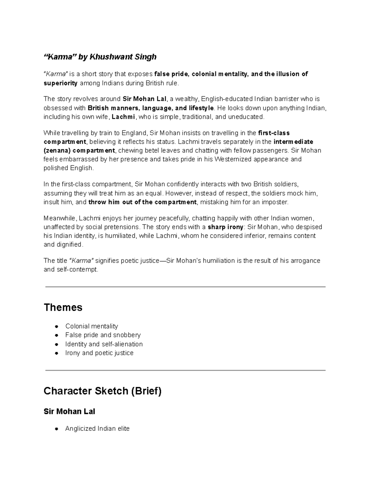 Karma - Lecture Notes on Khushwant Singh's Short Story Analysis - Studocu