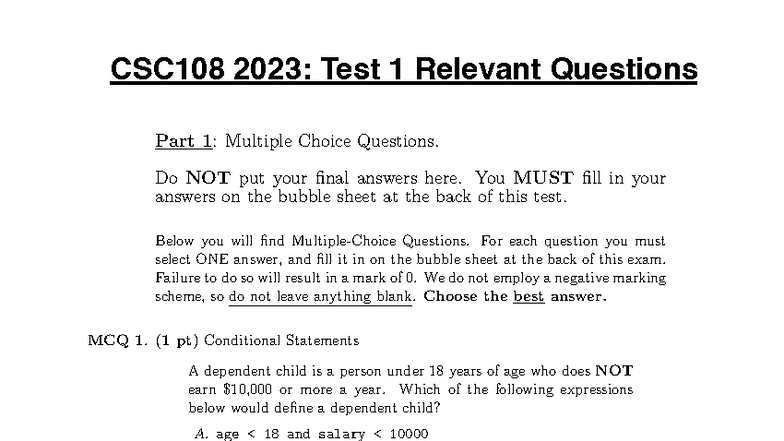 CSC108 Fall 2023: Relevant Midterm Questions Part 1 MCQs - Studocu
