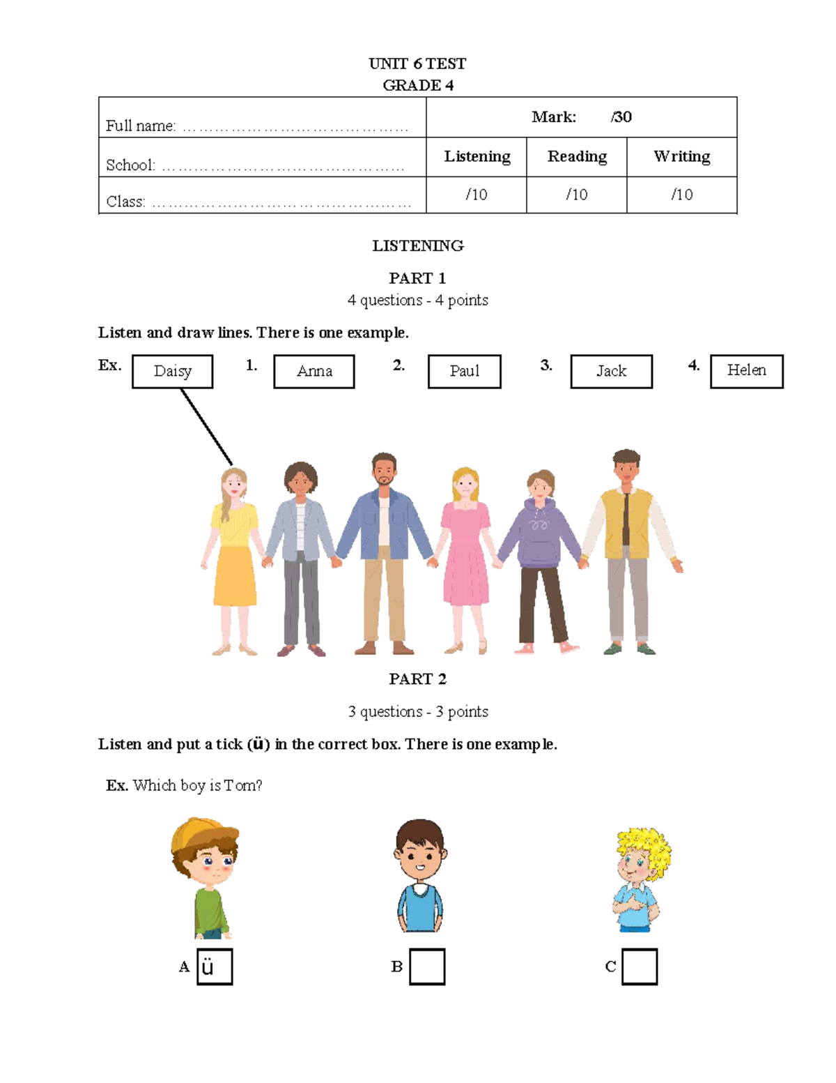 UNIT 6 TEST GRADE 4: Listening & Writing Assessment - Studocu