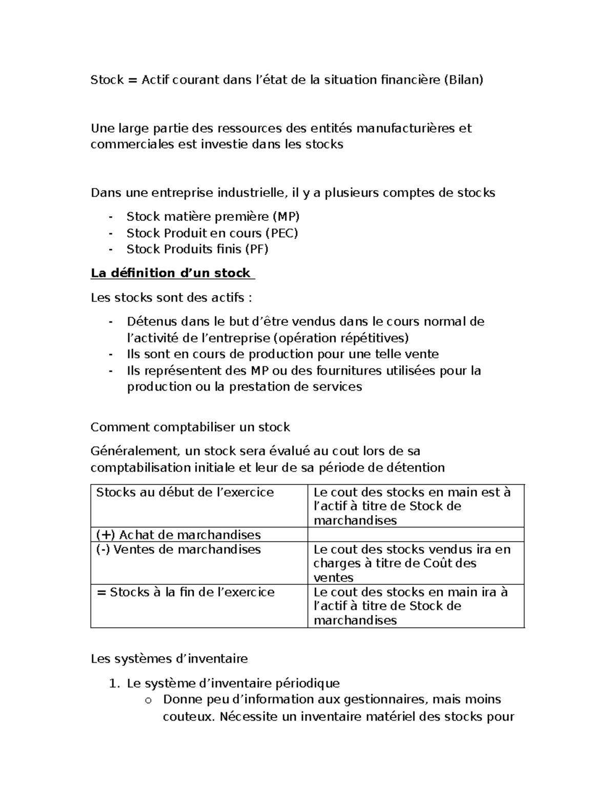 Stock - Le système d’inventaire périodique o Donne peu d’information ...