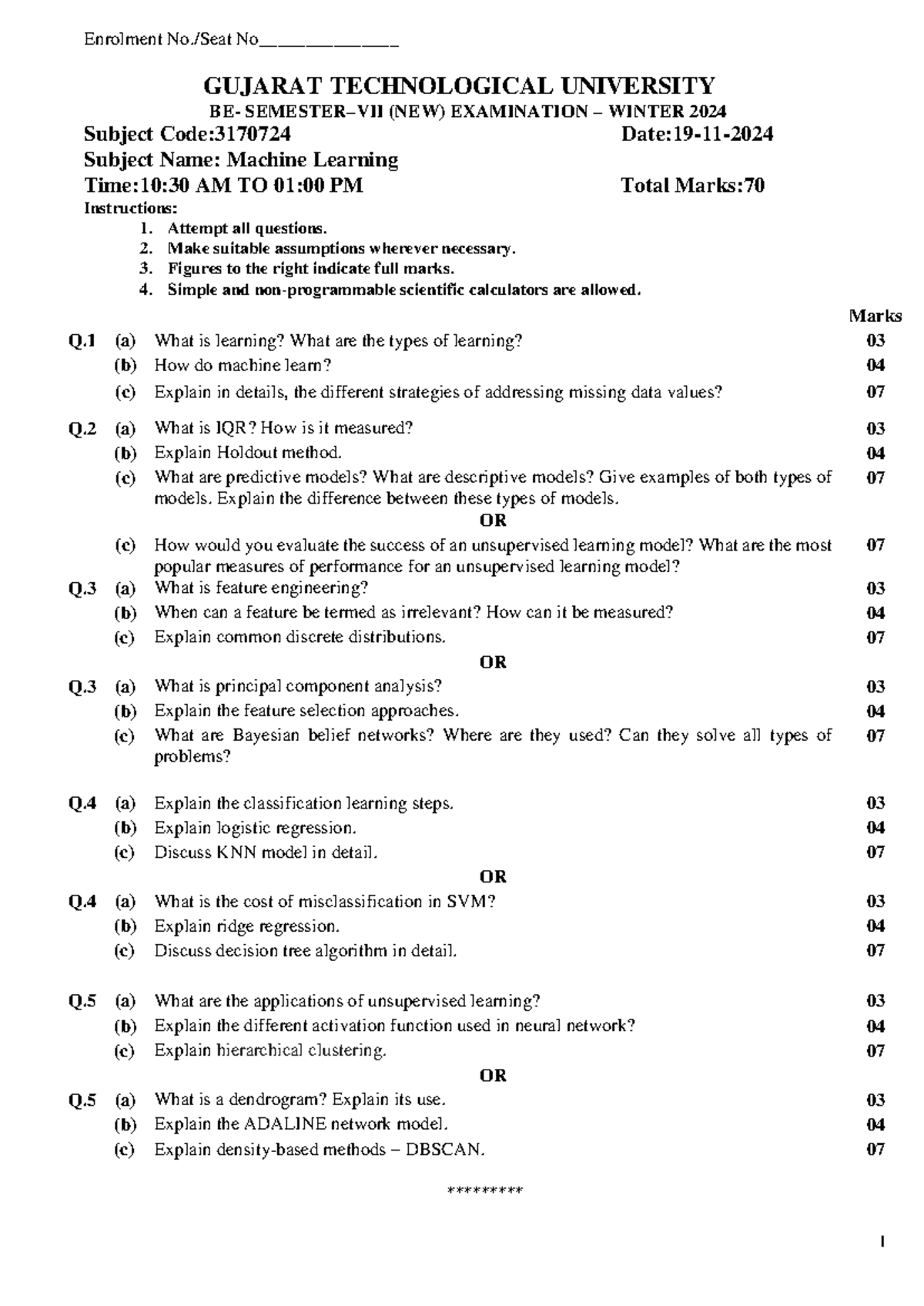 Machine Learning Exam - GTU Winter 2024 (Subject Code: 3170724) - Studocu