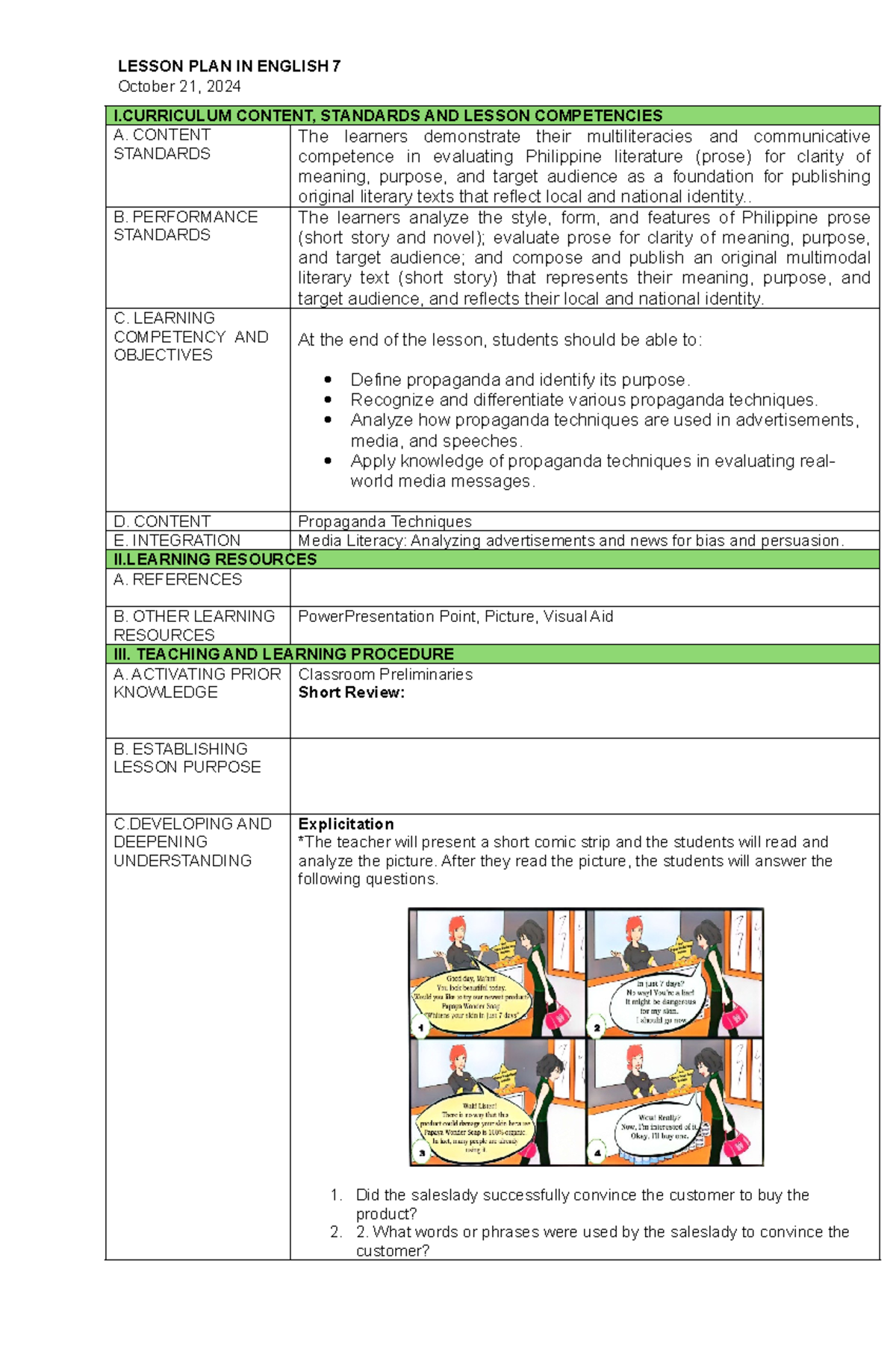 English 7 - Q4 Lesson Plan on Propaganda Techniques in Texts - Studocu