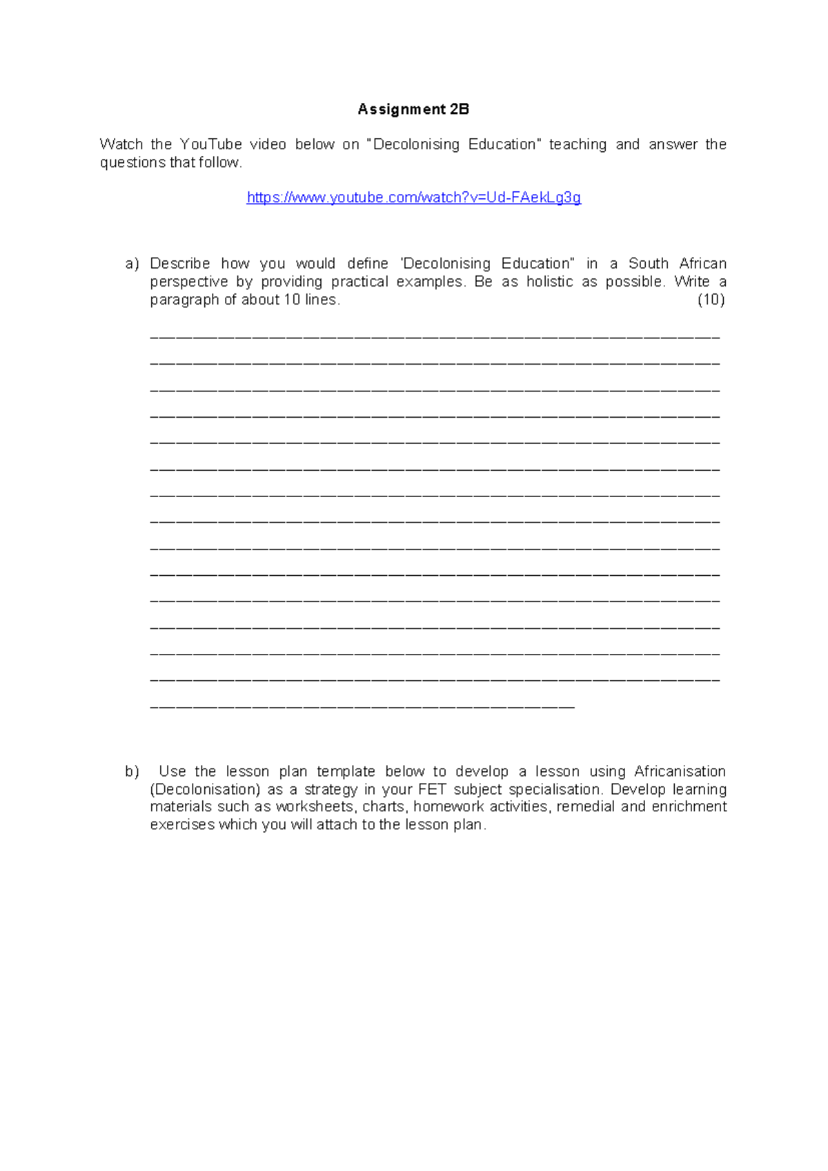 Assignment 2B: Africanisation in FET Lesson Planning and Strategy - Studocu