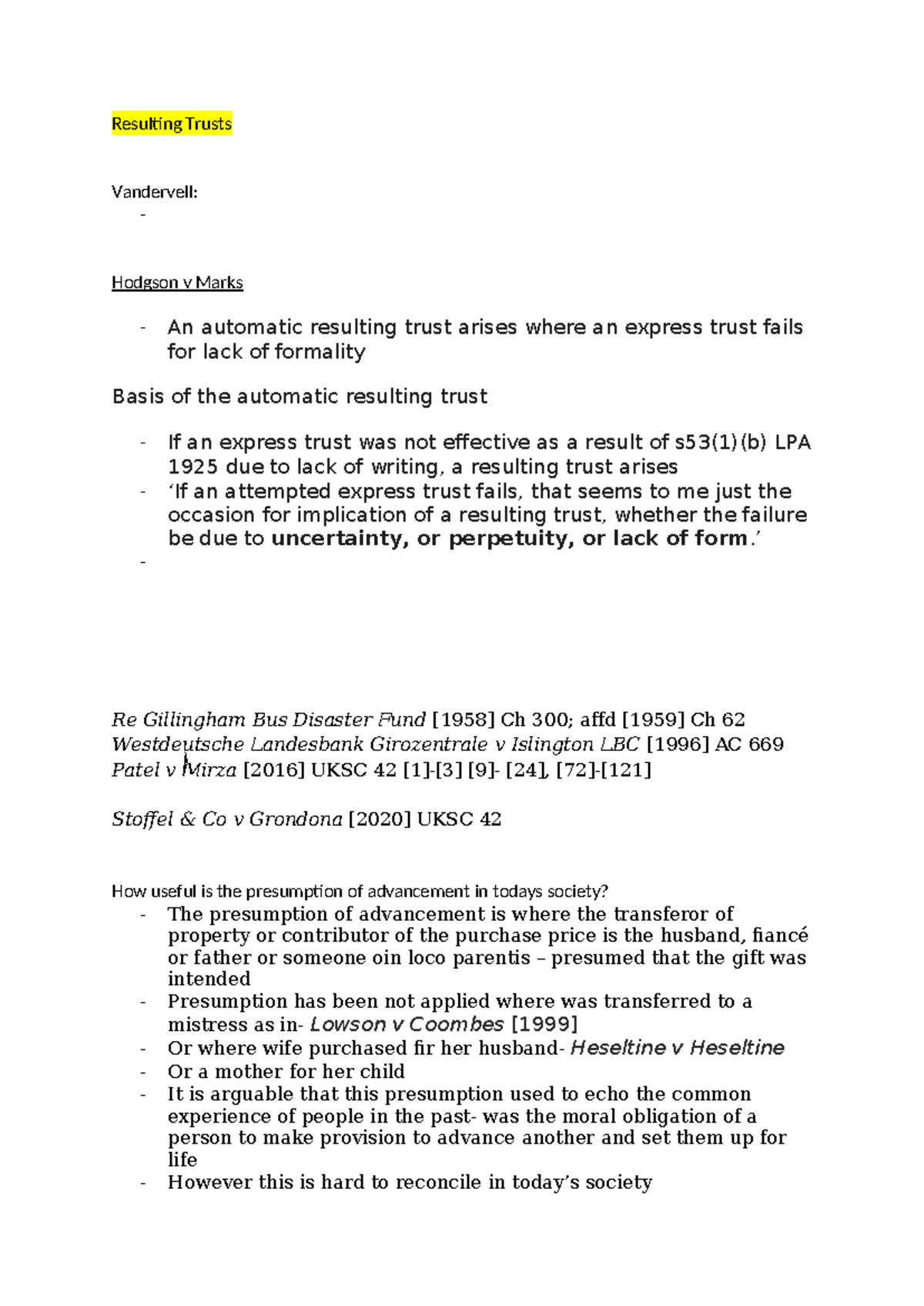 Resulting Trusts: Exploring Key Legal Principles and Case Law - Studocu