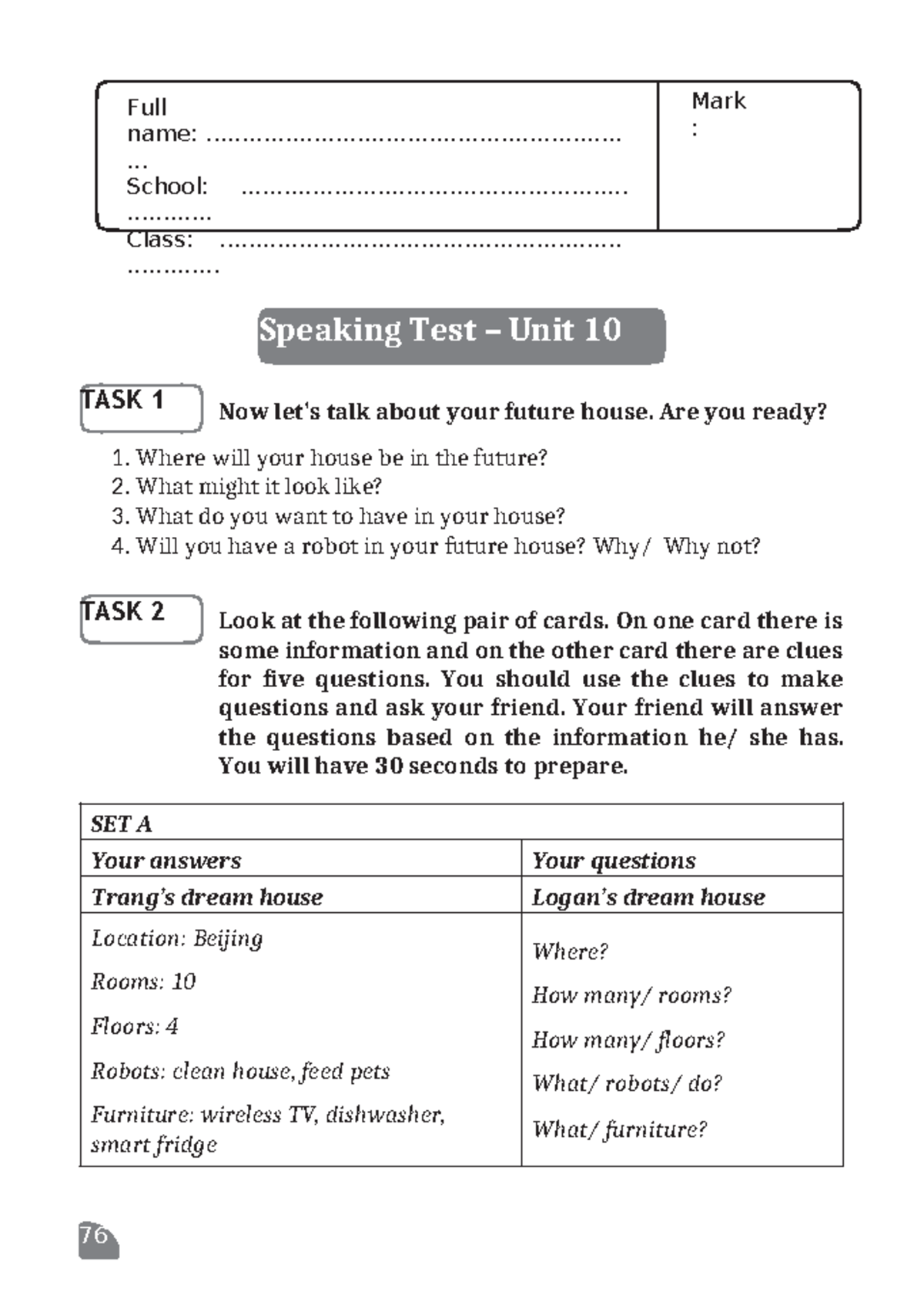 Speaking Test – Unit 10 Guide and Questions for Future House - Studocu