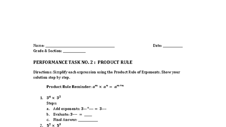 Performance Task: Product & Quotient Rules of Exponents Worksheet - Studocu