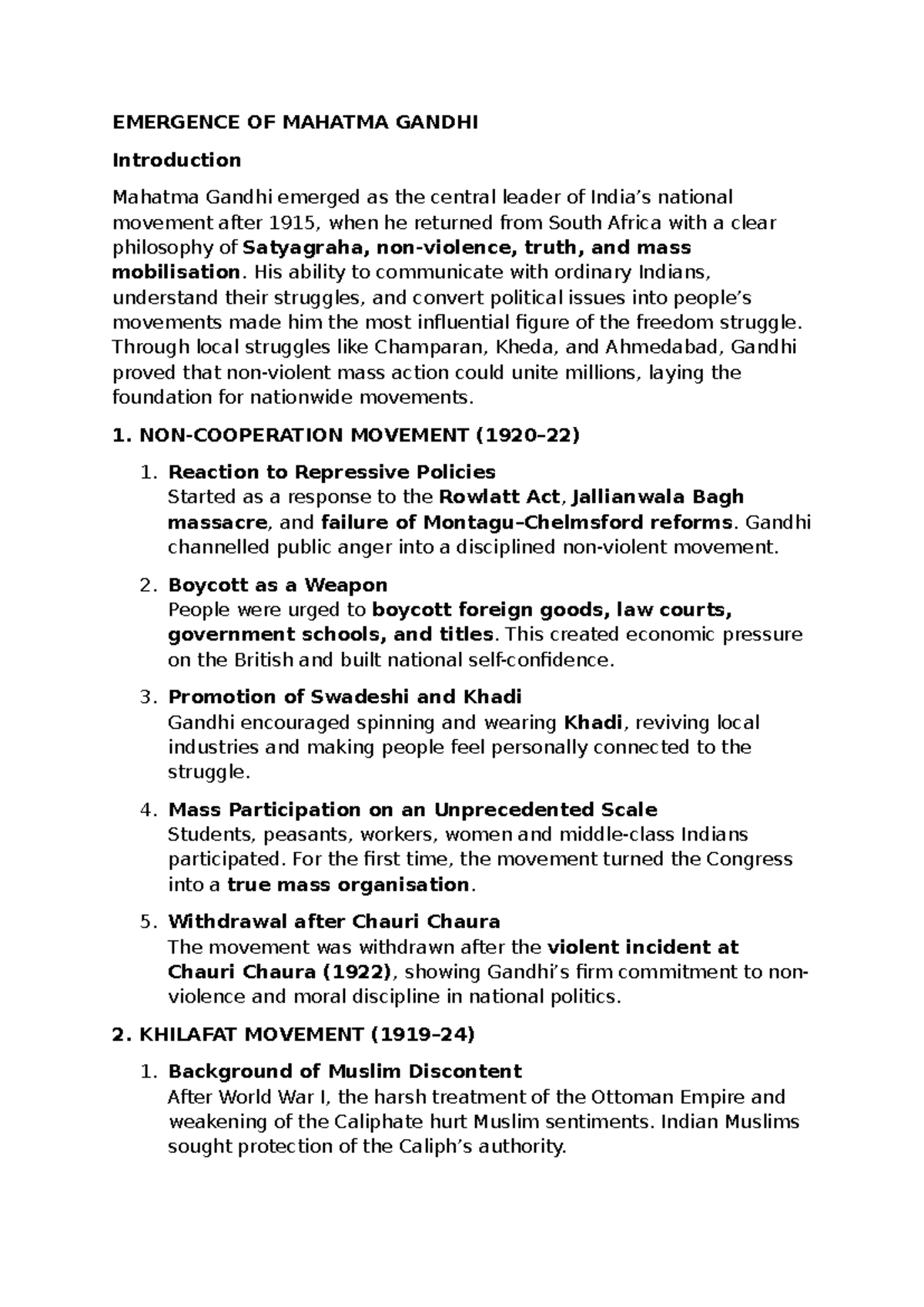 UNIT 3 History - Final Notes on Mahatma Gandhi and Indian Freedom ...