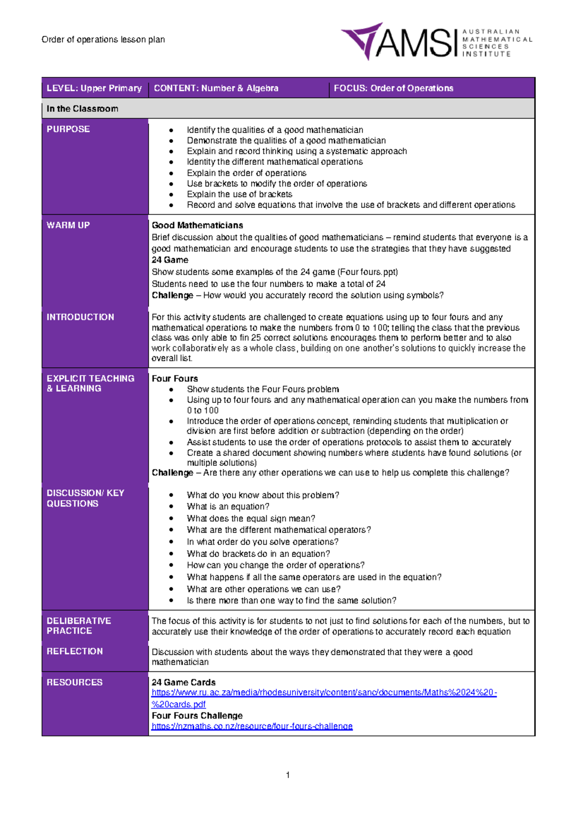 Lesson plan order of operations - LEVEL: Upper Primary CONTENT: Number ...