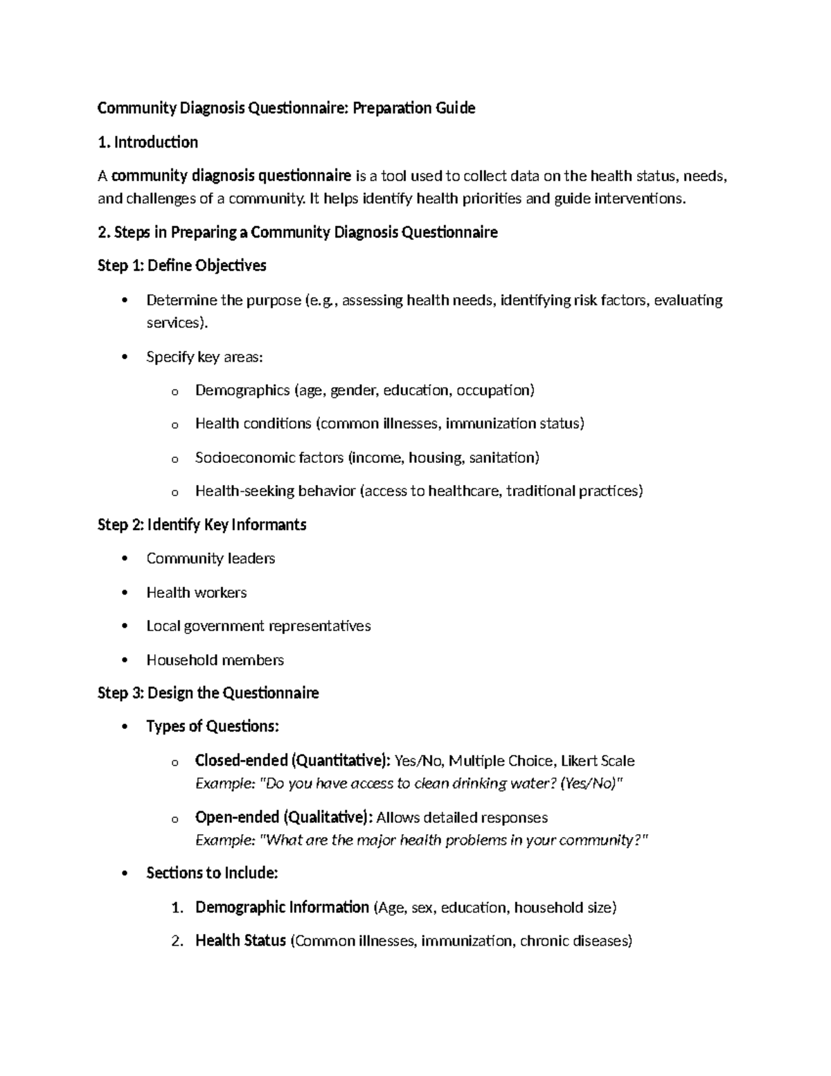 Community Diagnosis Questionnaire Preparation Guide for Health ...