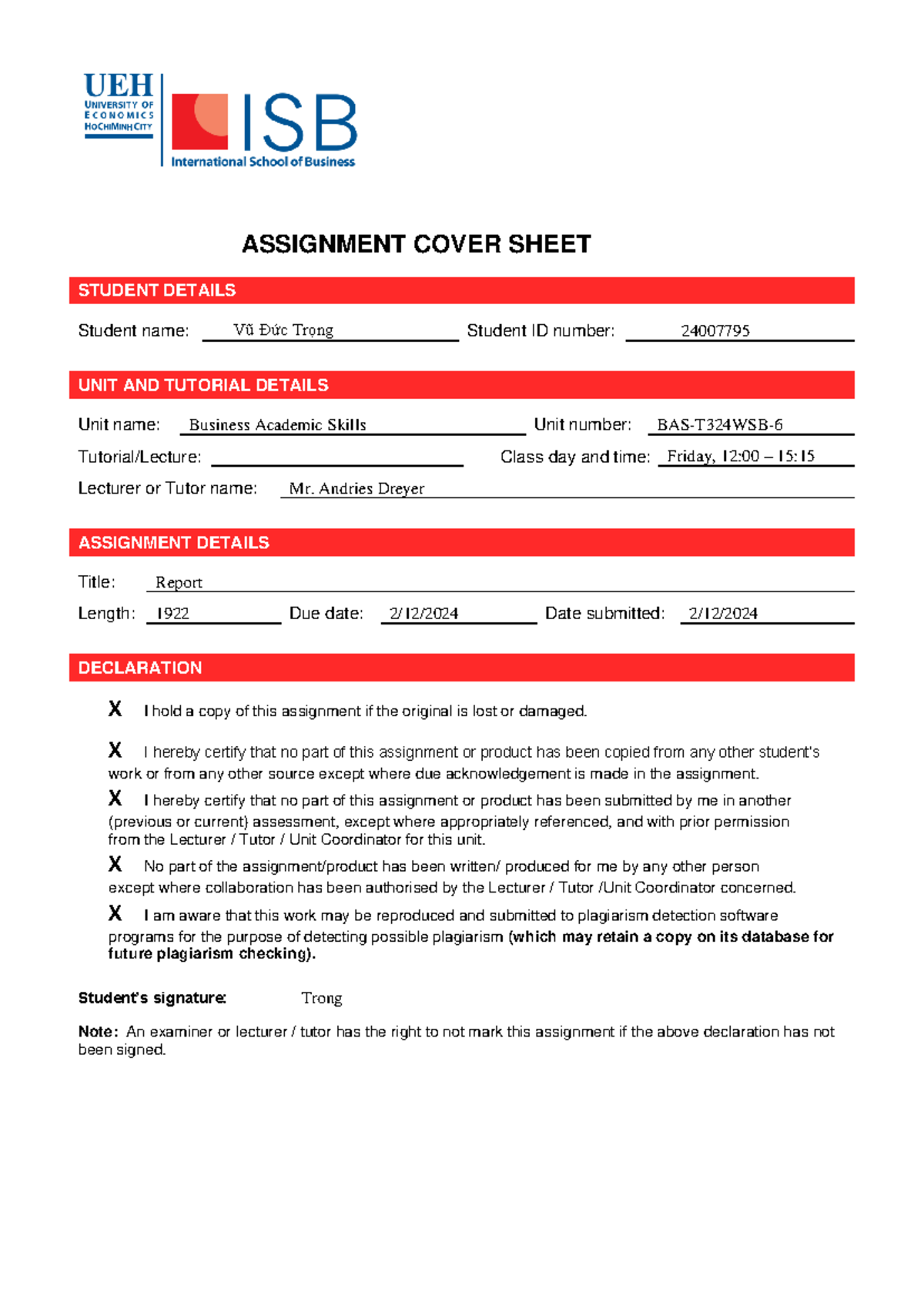 Report BAS (WSU cover sheet) - ASSIGNMENT COVER SHEET STUDENT DETAILS ...