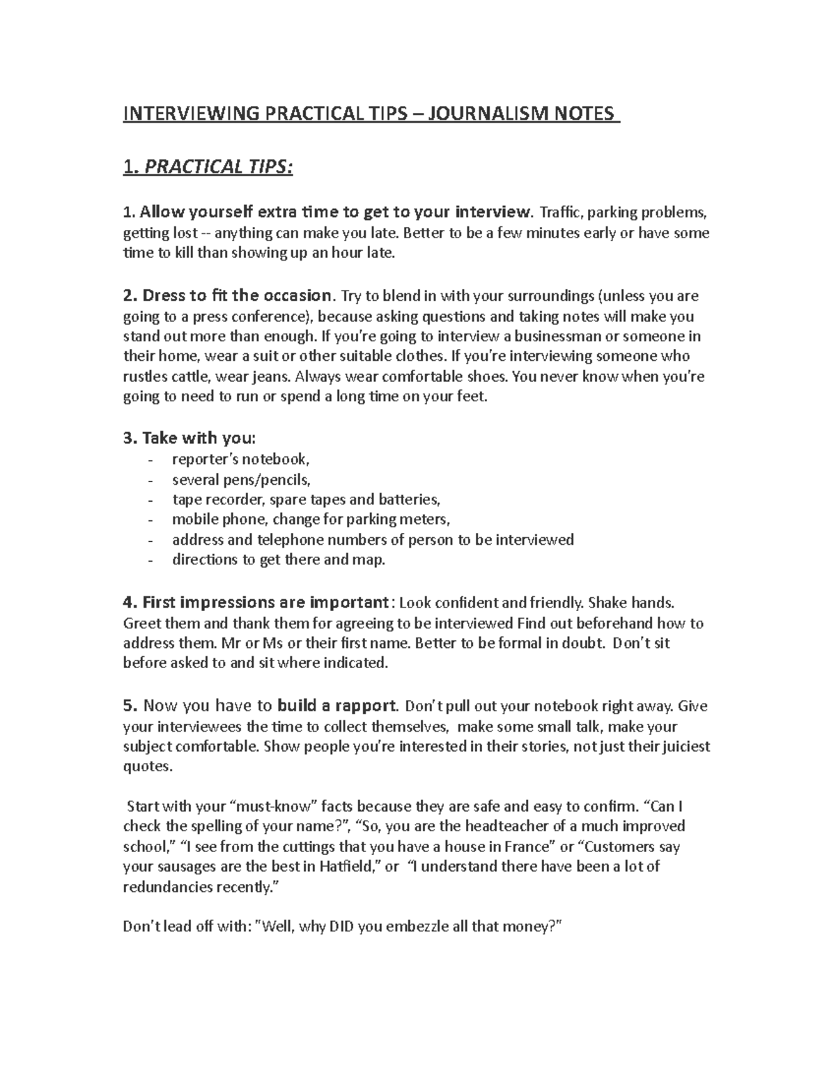 Interviewing Practical Tips - Journalism notes - INTERVIEWING PRACTICAL ...