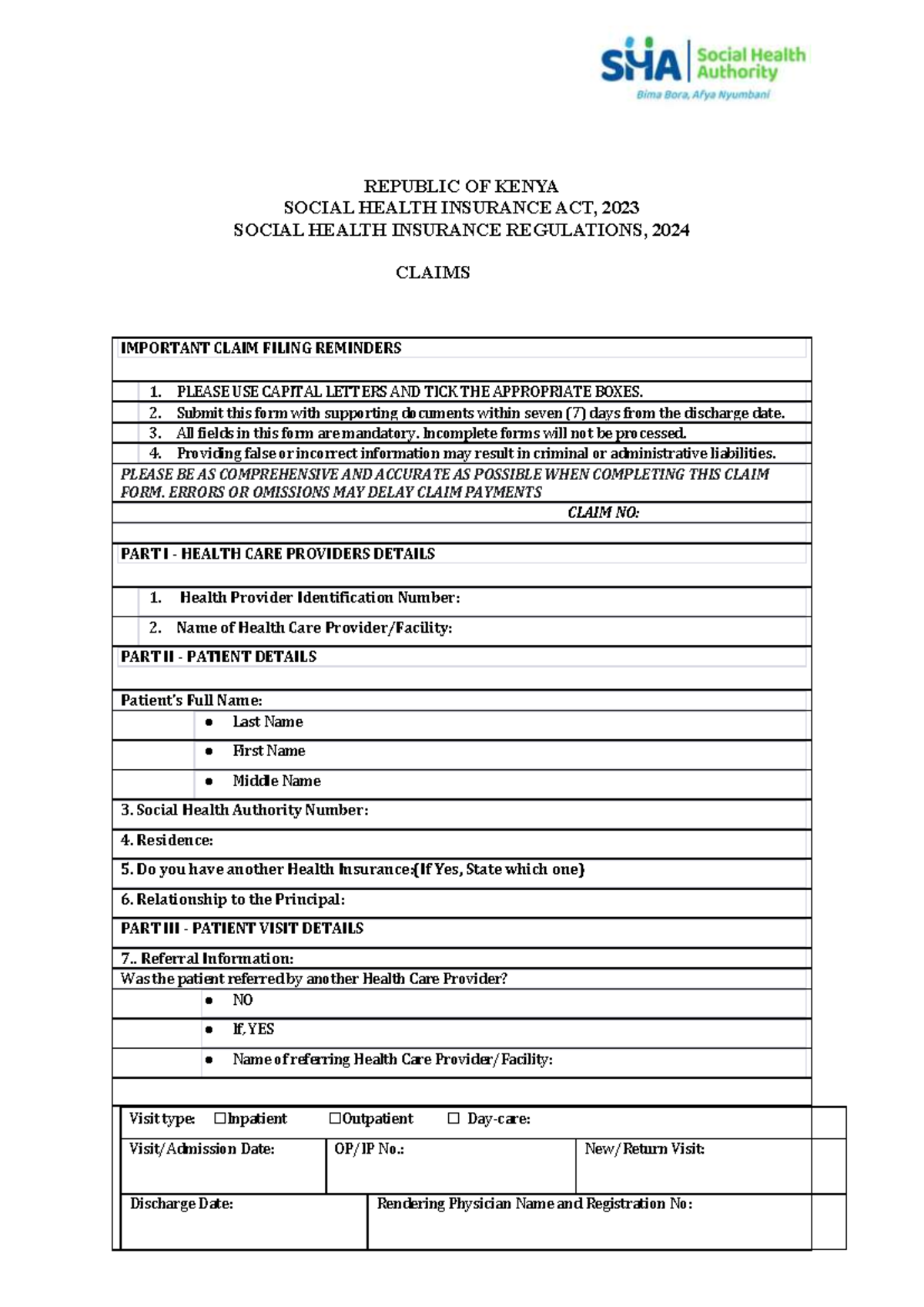 Kenya SHA Claims Form Instructions & Guidelines 2024 - Studocu