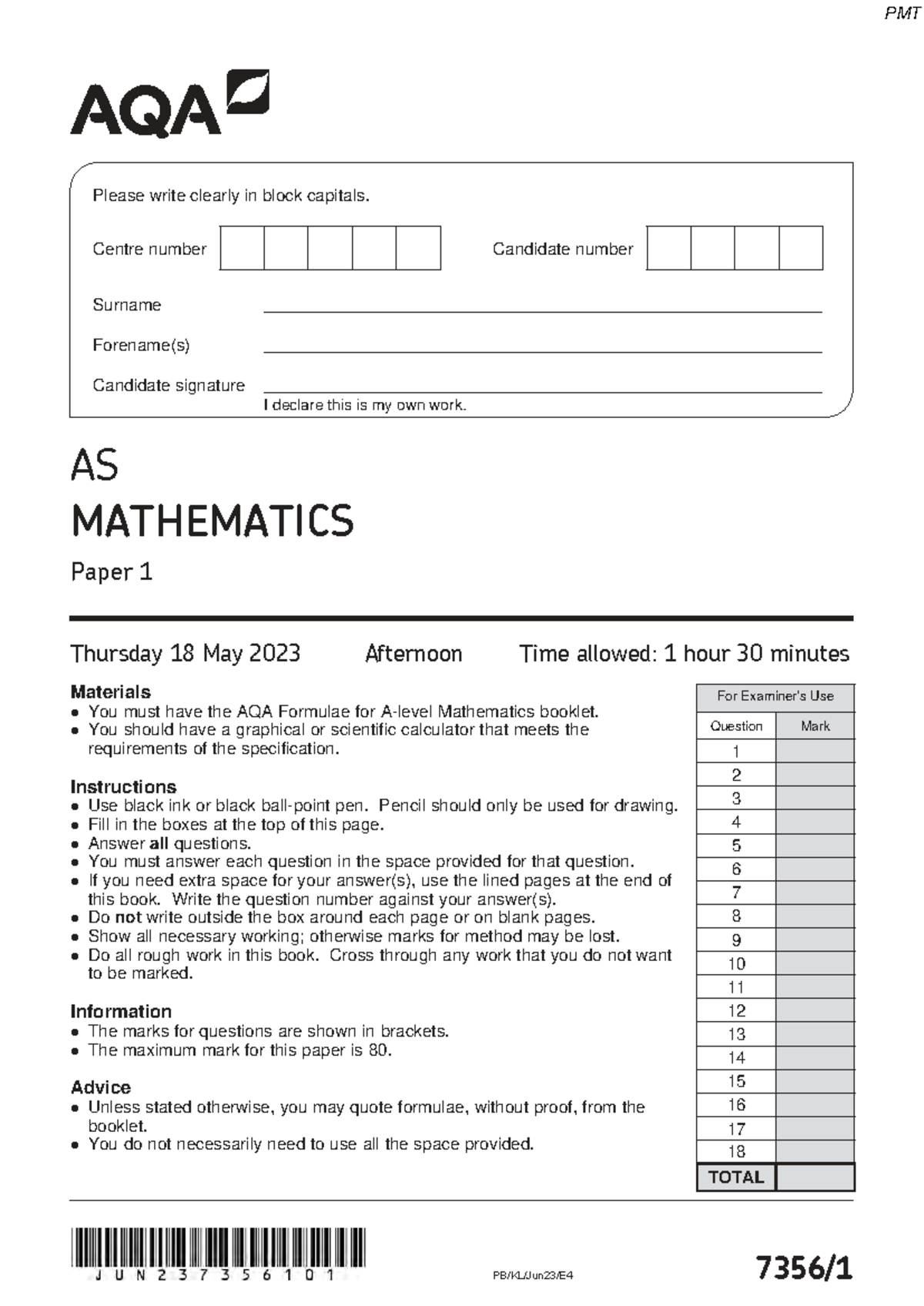 June 2023 AS MATHEMATICS Paper 1 Question Paper - Studocu