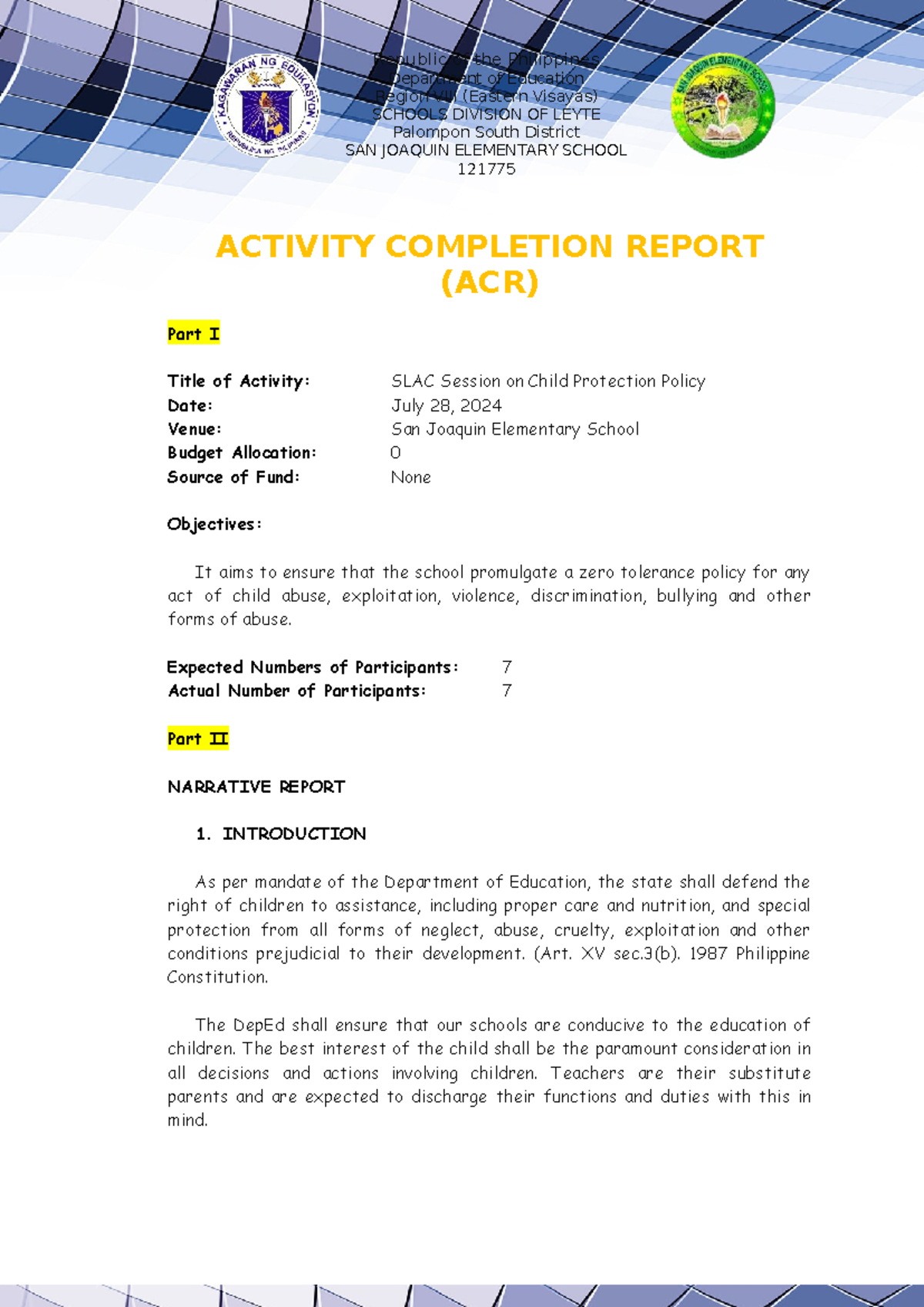 ACR on Child Protection Policy - San Joaquin Elementary School - Studocu