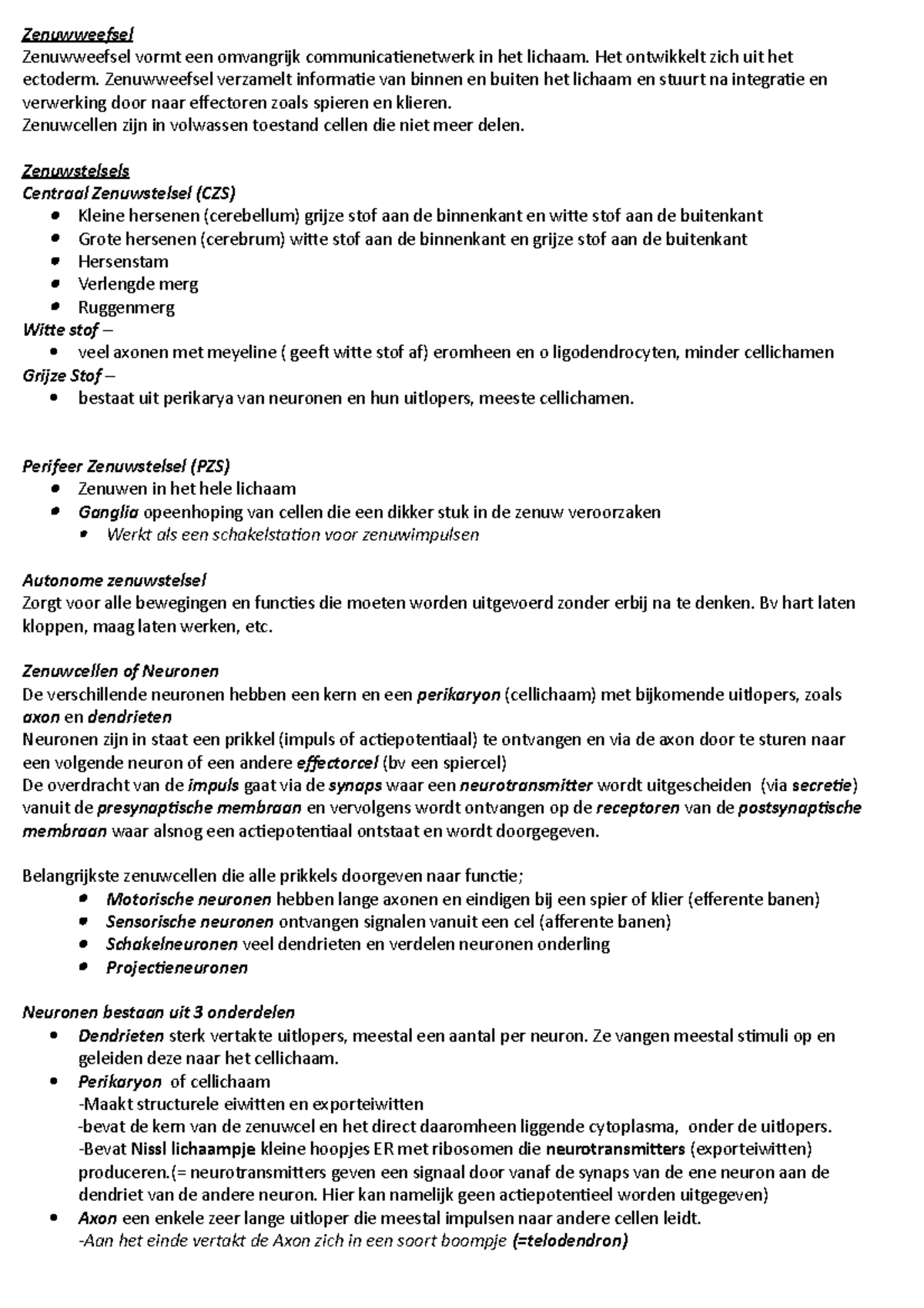 Zenuwstelsel - Samenvatting van Functies van Neuronen en Gliacellen ...
