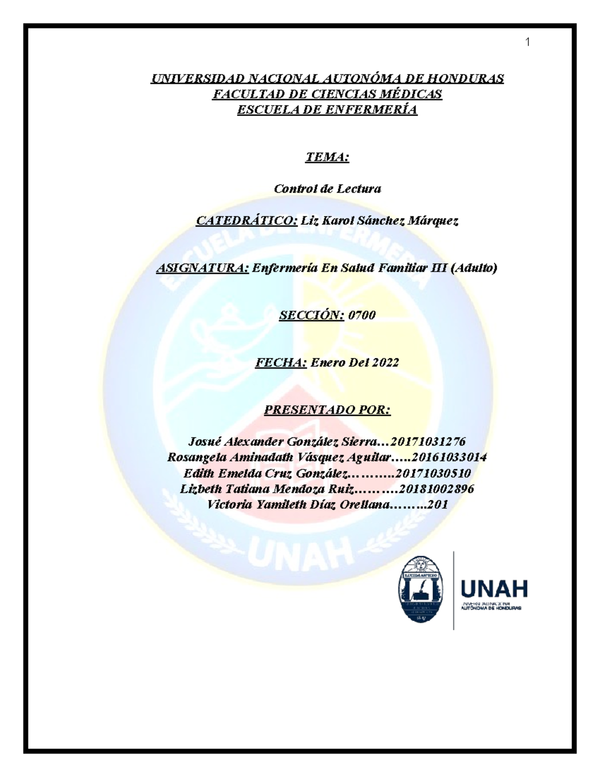 Control de Lectura: Enfermería en Salud Familiar (Adulto) - Grupo 1 ...