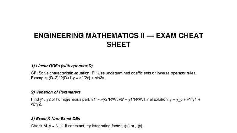 ENG MATHEMATICS II FINAL EXAM CHEAT SHEET - Studocu