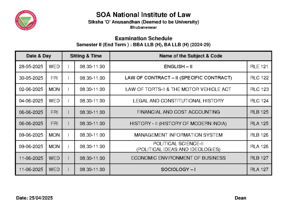 BA BBA LLB Sem II End Term Exam Schedule - Bhubaneswar - Studocu
