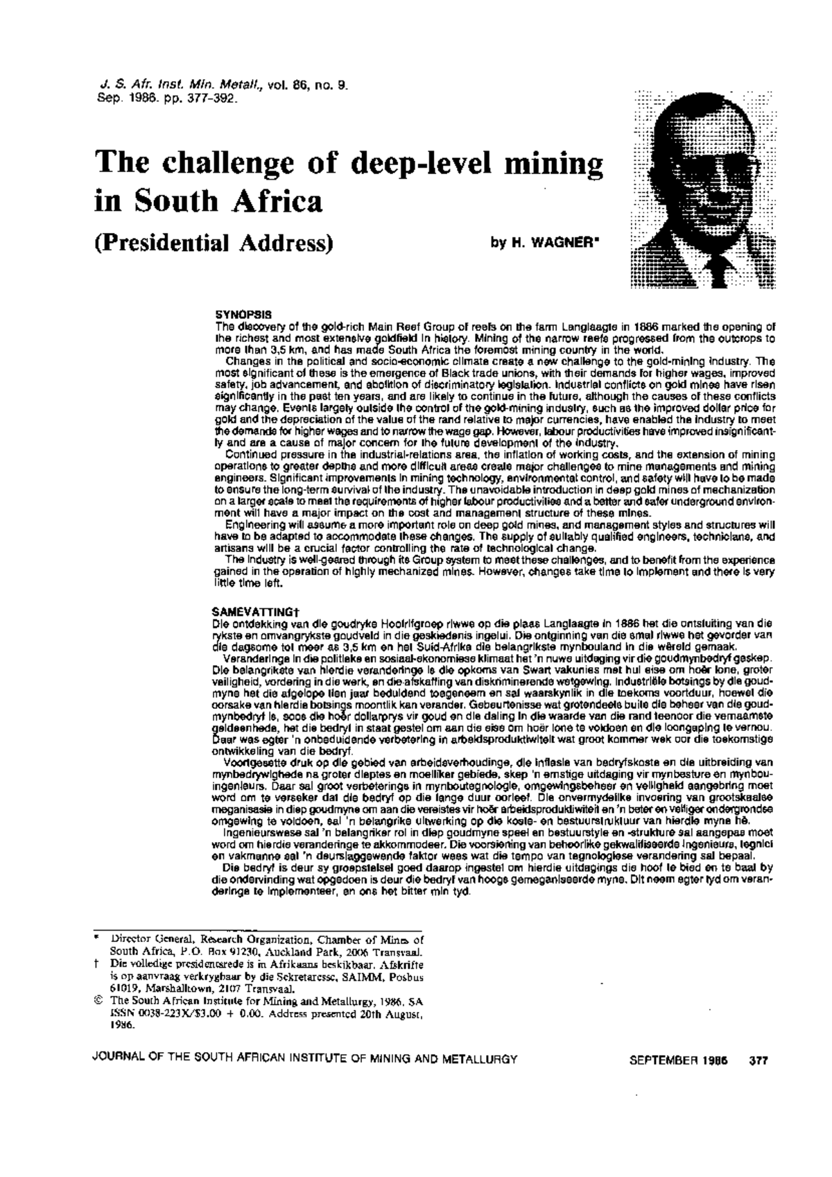 Wagner 1986: The Challenge of Deep Level Mining in South Africa - Studocu