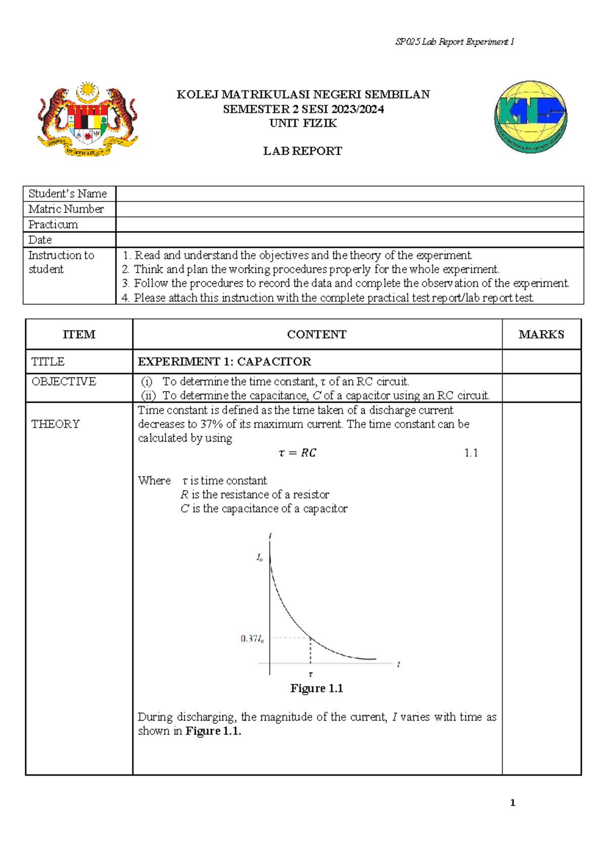 SP025 Physics Lab Report: Experiment 1 - Capacitor Analysis - Studocu