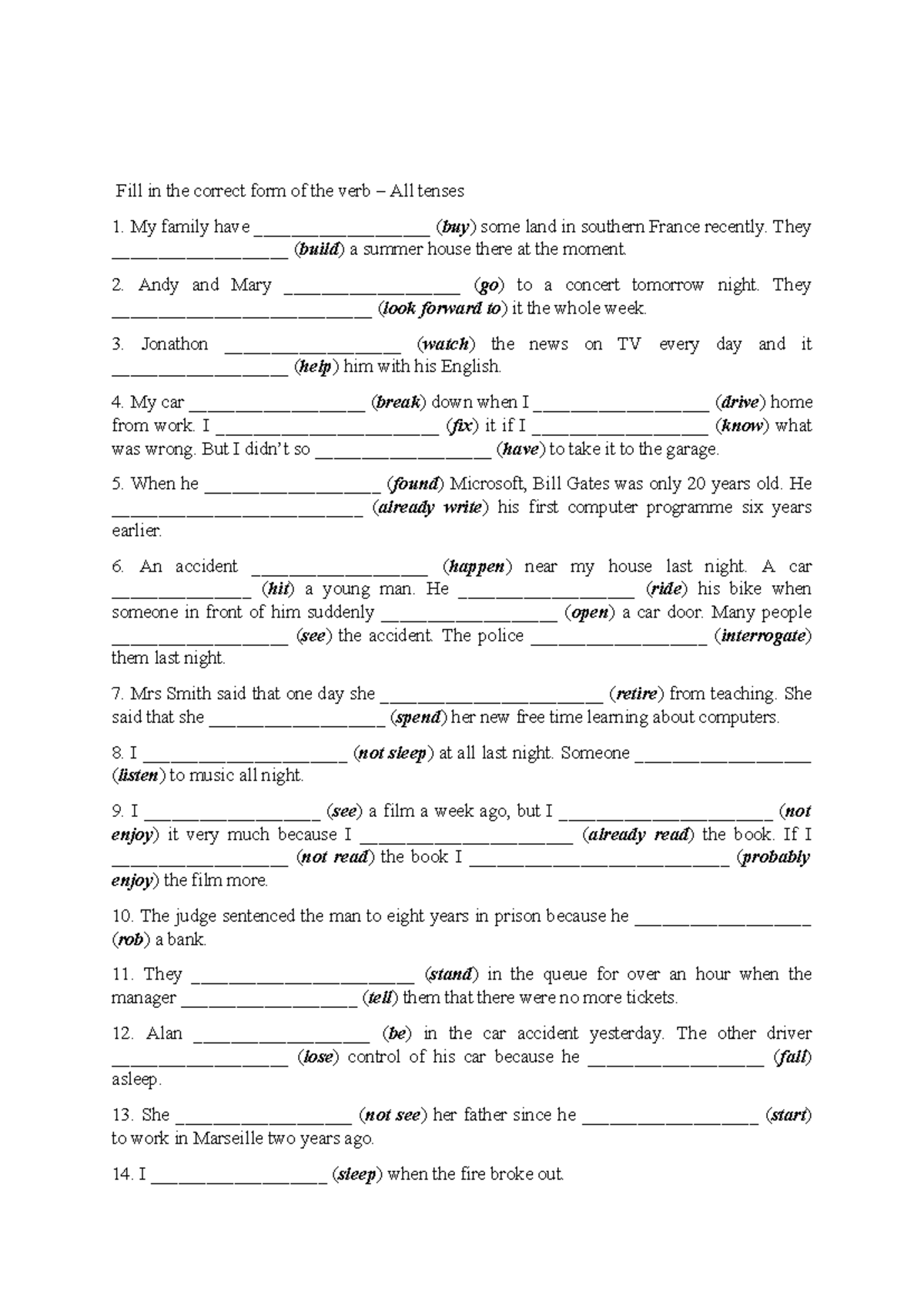 Fill in the Correct Verb Forms Exercise 1 - Studocu