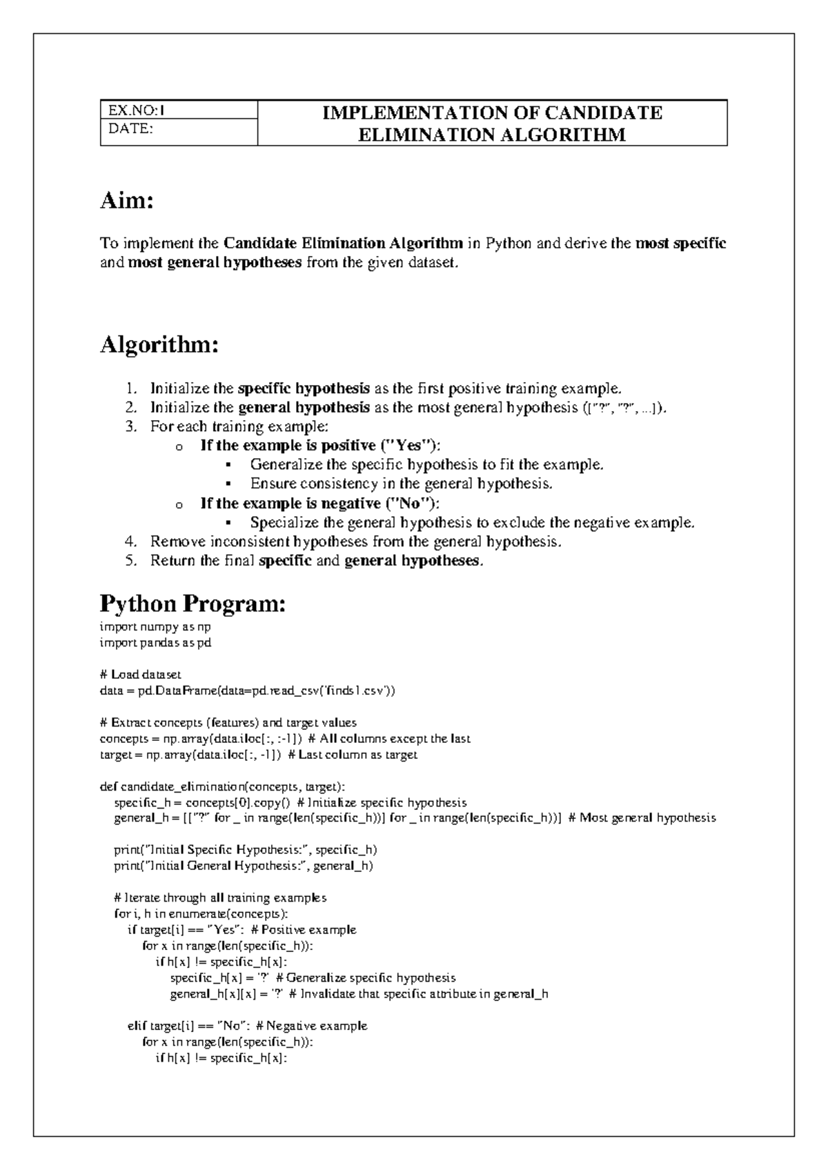 ML LAB Manual: Implementation of Candidate Elimination Algorithm and ...