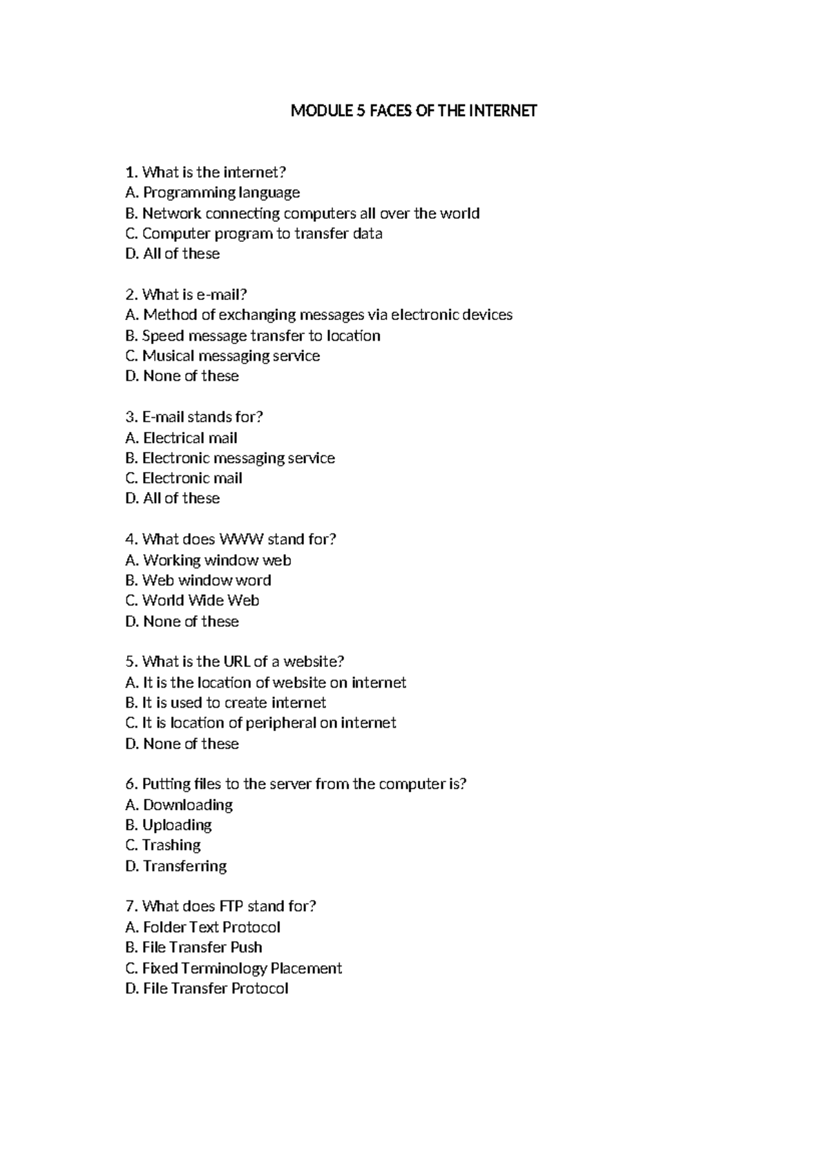 MODULE 5: FACES OF THE INTERNET - Quiz Questions and Answers - Studocu