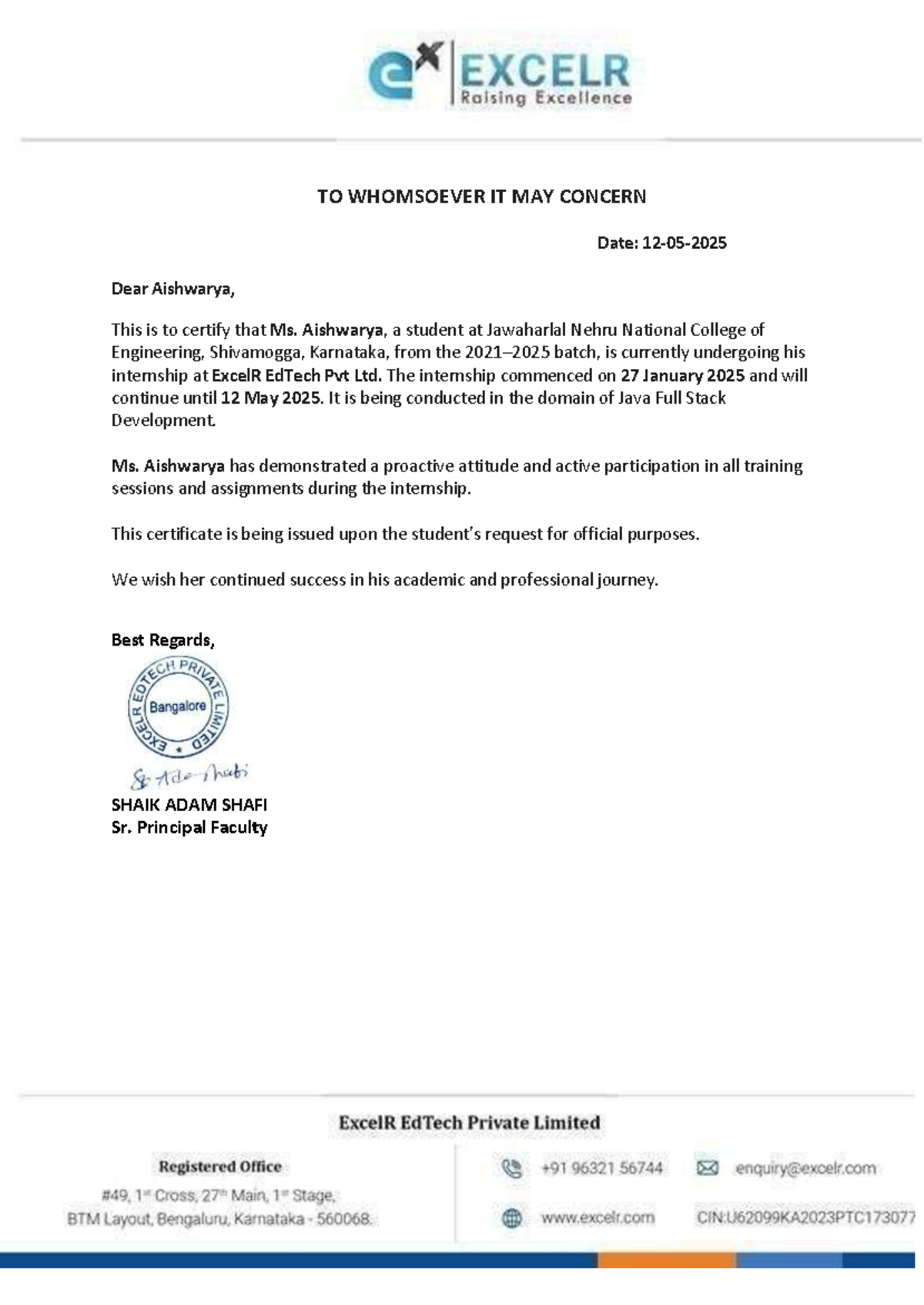 Aishwarya's Internship Certificate - Java Full Stack Development - Studocu