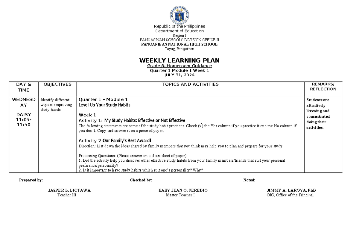 Q1 HRGP Weekly Learning Plan: Enhancing Study Habits & Influencers - Studocu