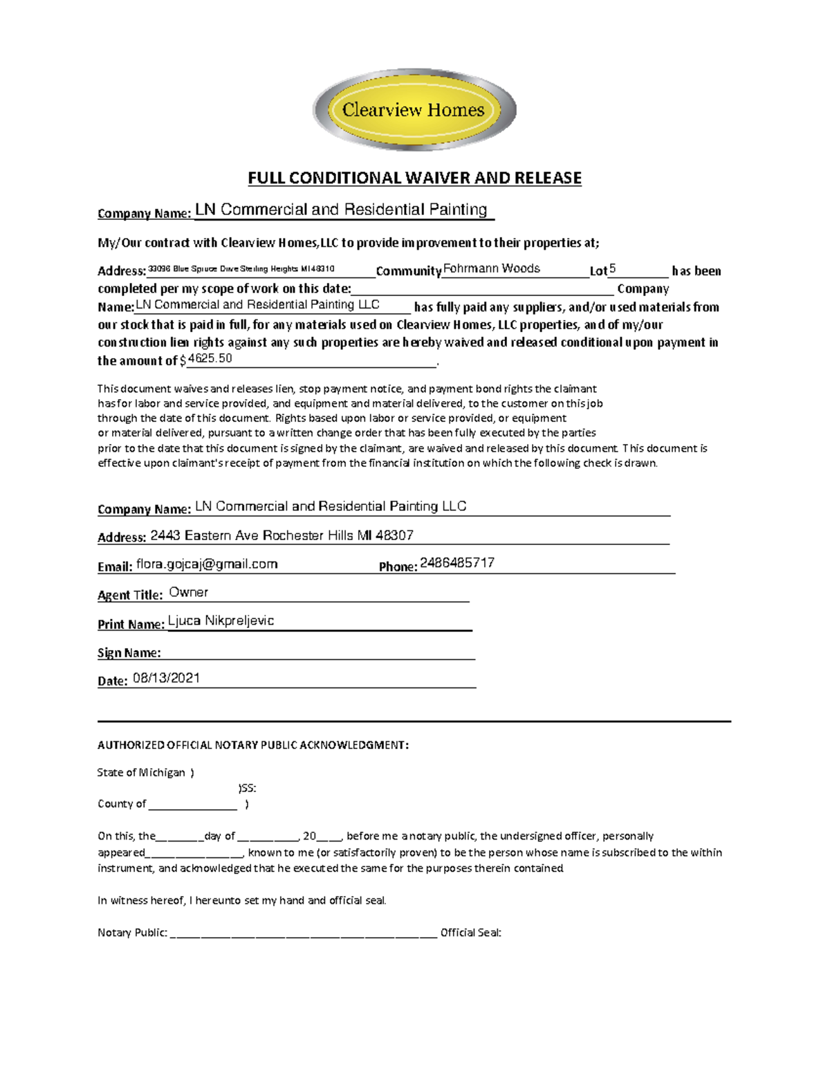 #1 Full Conditional Waiver for Clearview Homes - Contractor Release ...
