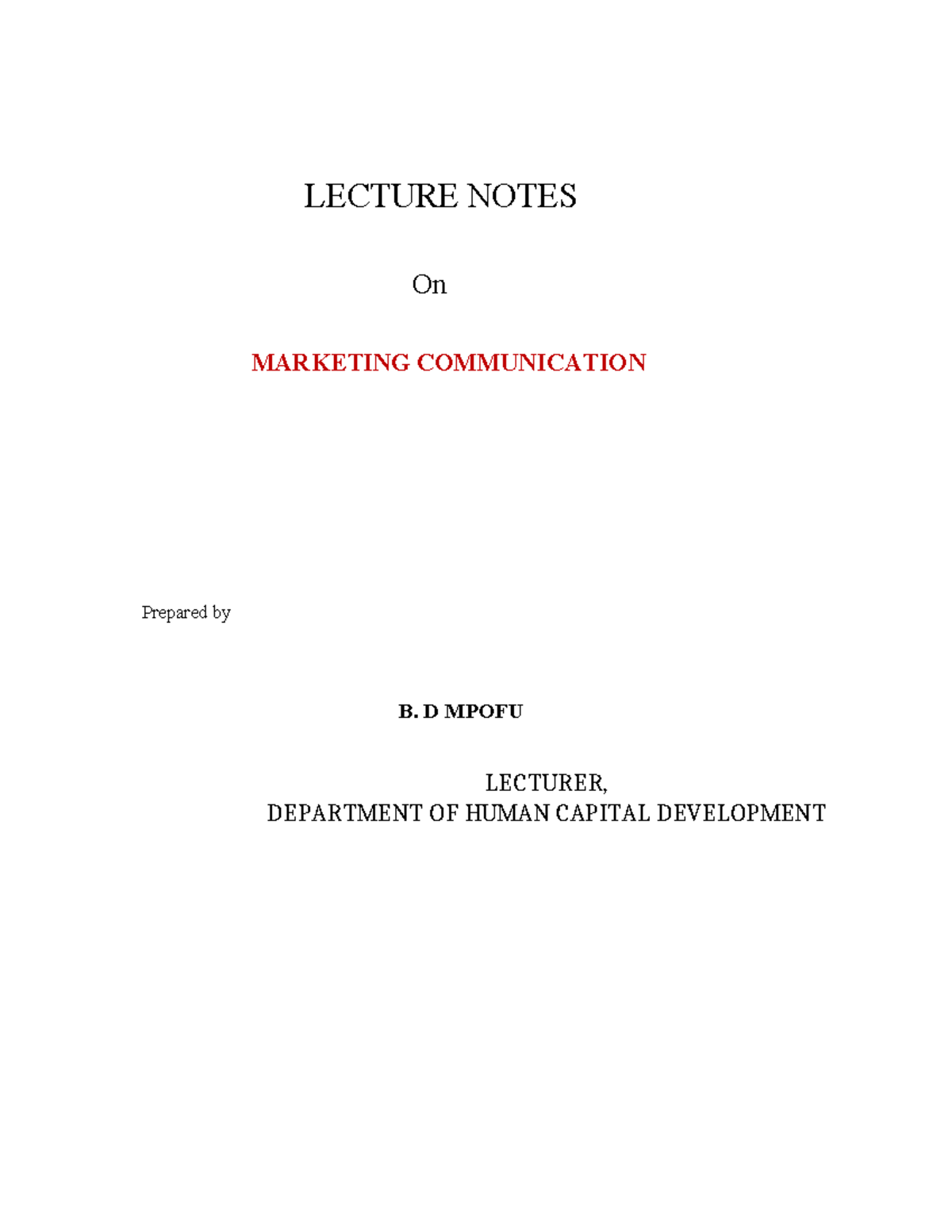 Lecture Notes on Integrated Marketing Communication (HCD 101) - Studocu