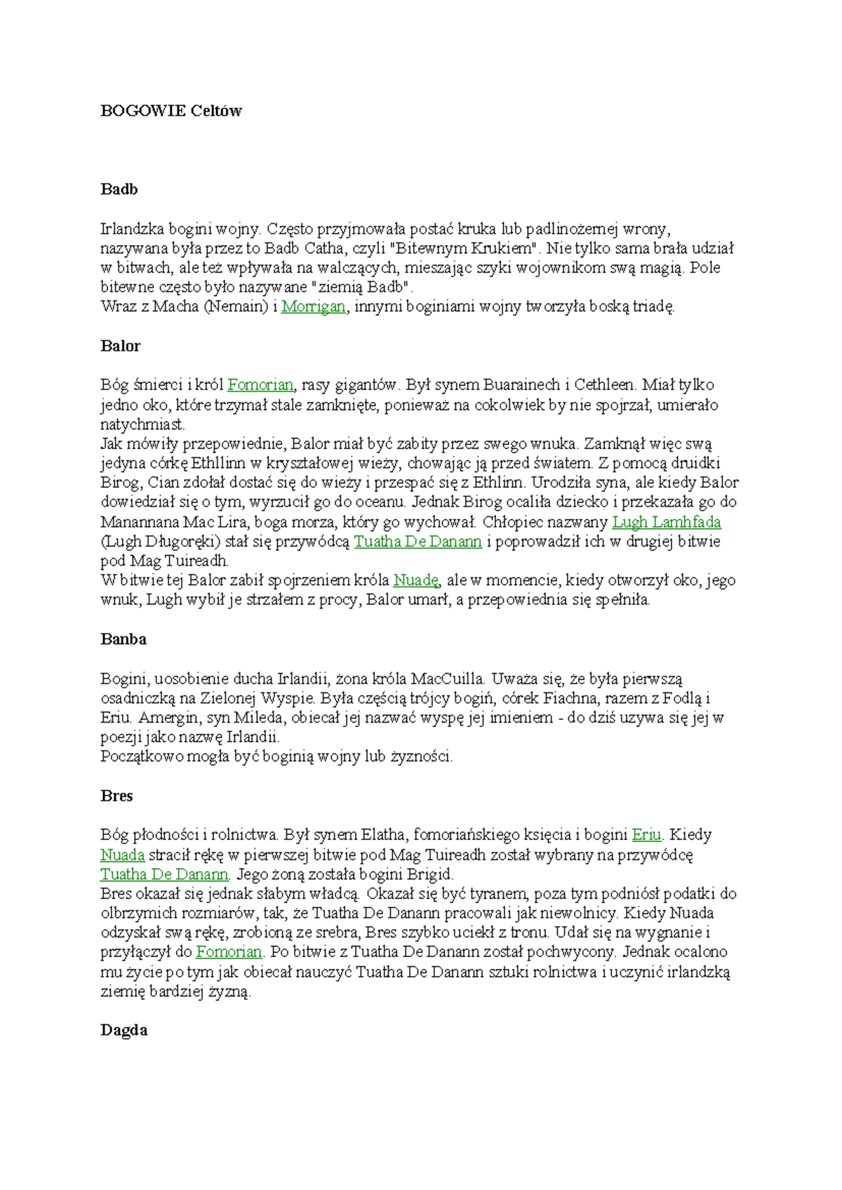Bogowie Celtów: Badb, Balor, Dagda i Tuatha De Danann - Studocu